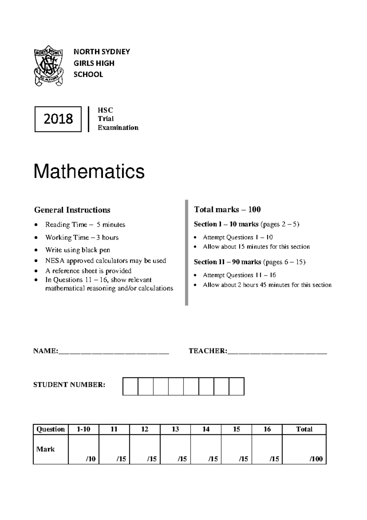 NSGHS HSC 2018 2U Trial Solutions - Mathematics NAME ...