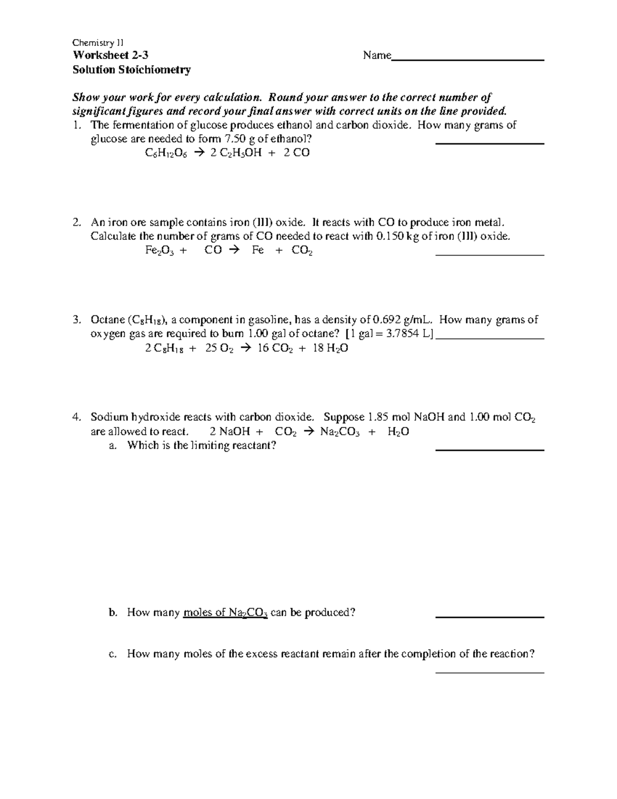 Solution Stoichiometry 3 - Chemistry II Worksheet 2-3 Name Solution ...