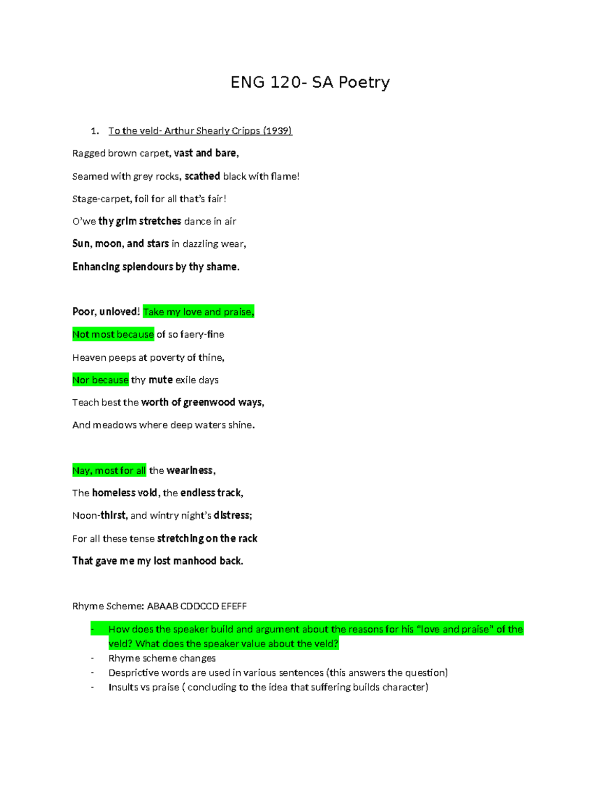 SA Poetry - ENG 120- SA Poetry To the veld- Arthur Shearly Cripps (1939 ...