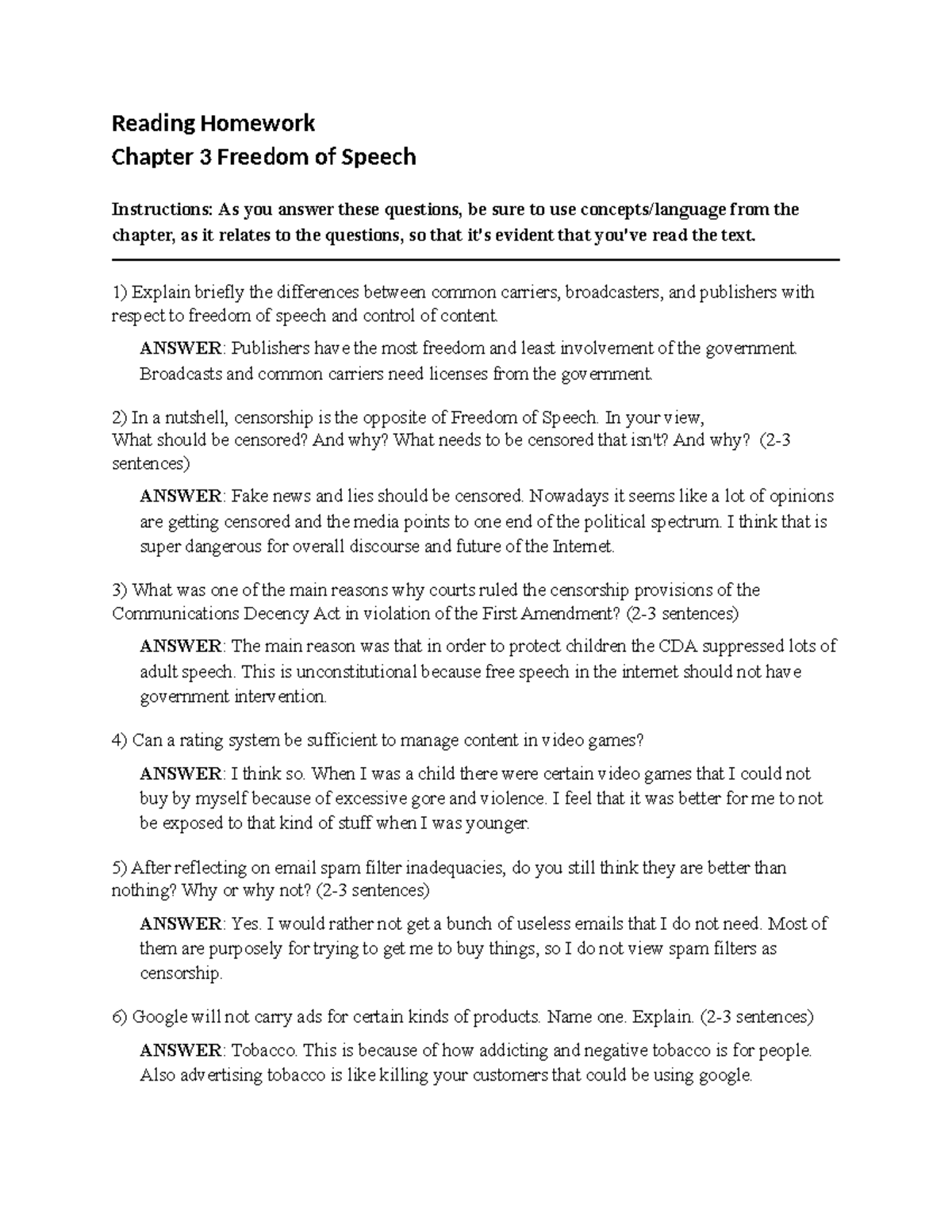 Ch 3 Freedom of Speech Ed5 - Reading Homework Chapter 3 Freedom of ...