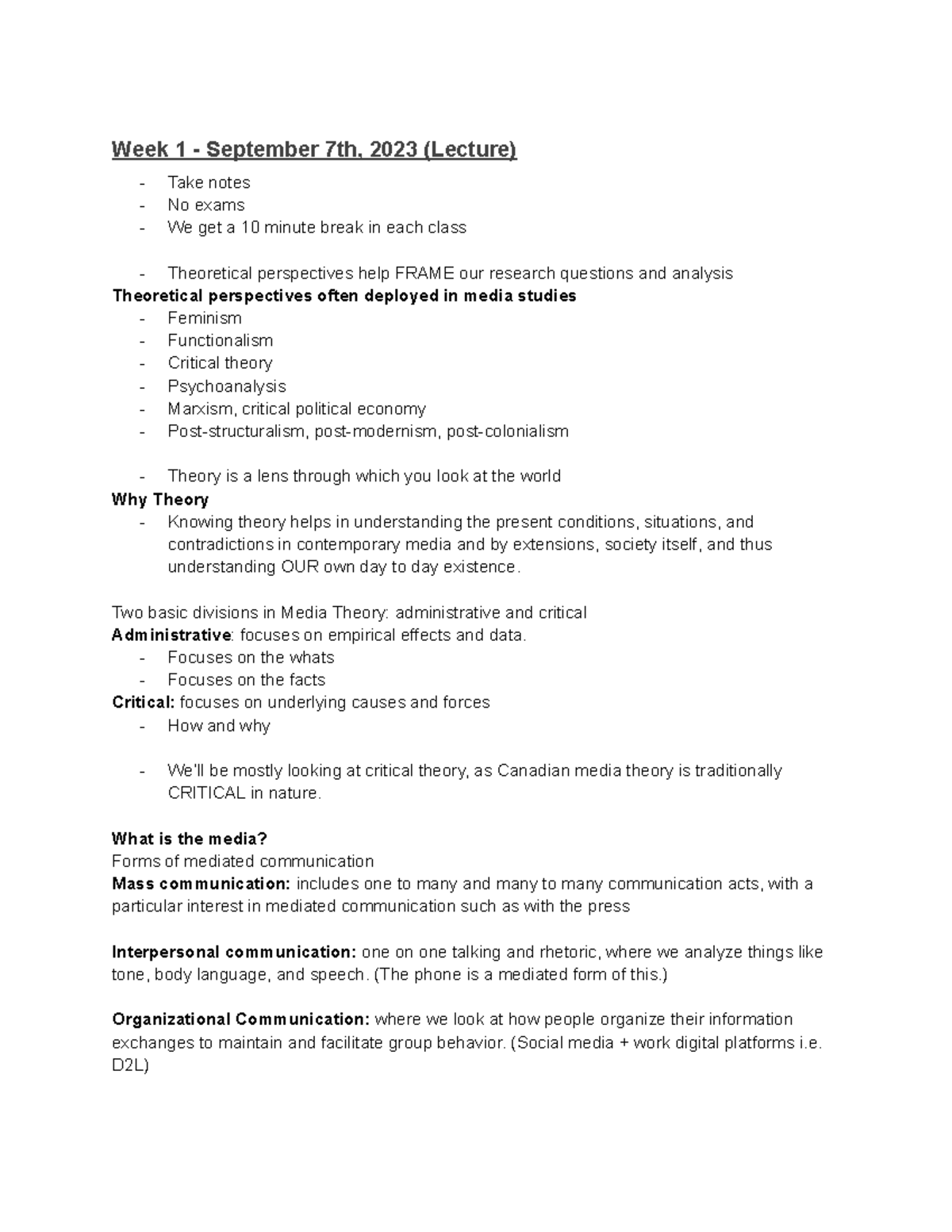 RTA101 Week 1-5 Notes - Week 1 - September 7th, 2023 (Lecture) Take ...