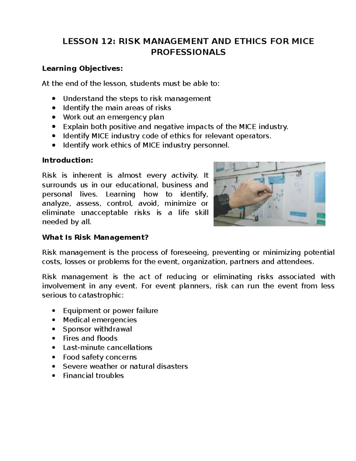 Lesson 12 Ethics FOR MICE - LESSON 12: RISK MANAGEMENT AND ETHICS FOR ...