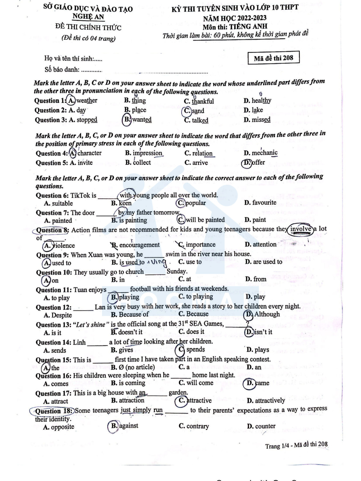 De thi tuyen sinh vao lop 10 mon tieng anh nam 2022 2023 co dap an so gd dt nghe an 8461 - Studocu
