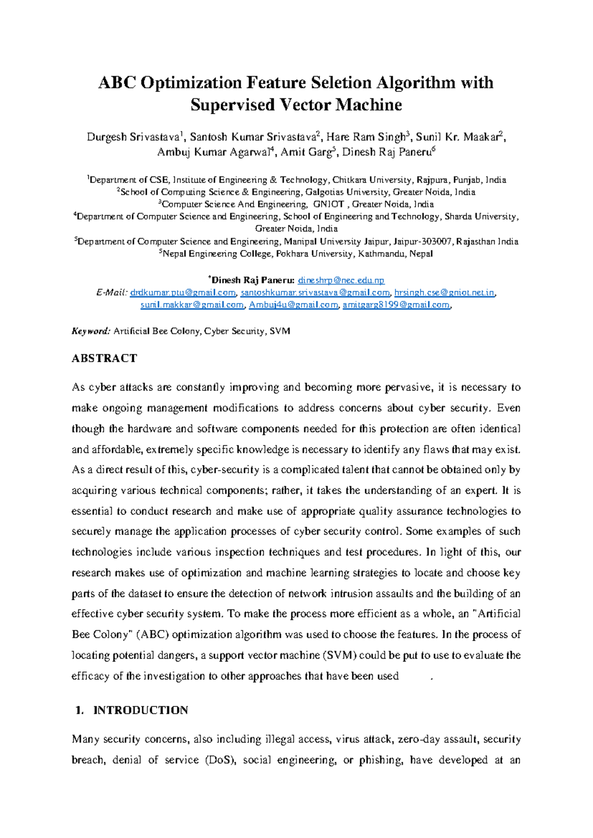ABC optimization Full Paper ( Santosh Galgotia) - ABC Optimization Feature Seletion Algorithm ...