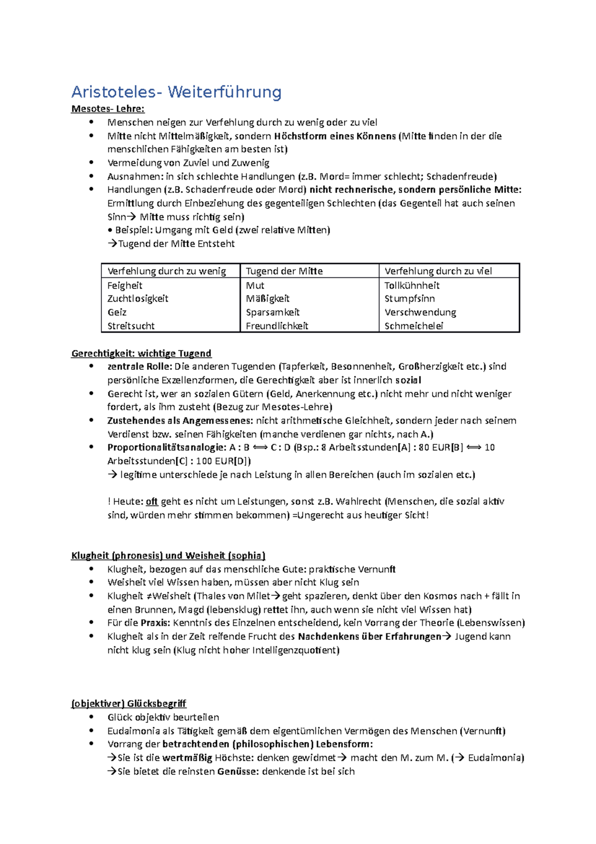 Aristoteles Ethik 1 - klxls - Aristoteles- Weiterführung Mesotes- Lehre ...