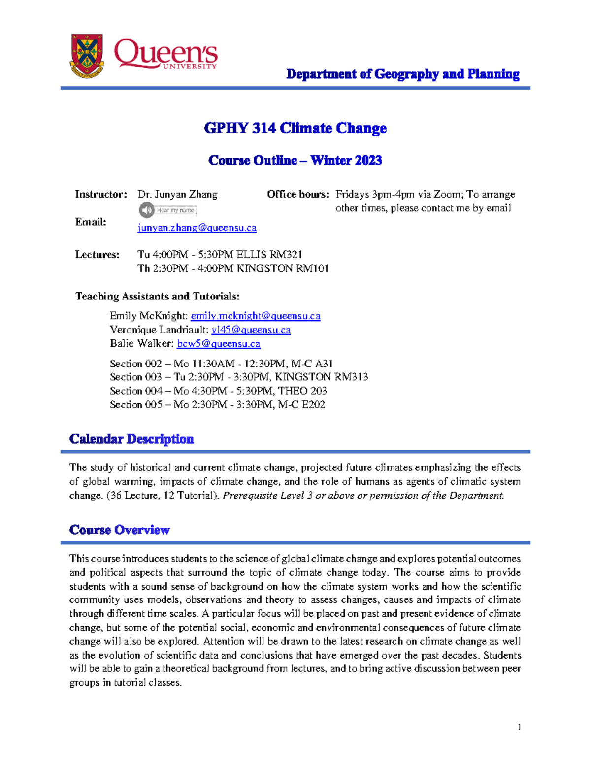 GPHY 314 Climate Change Course Outline - W2023 - Instructor: Email: Dr ...