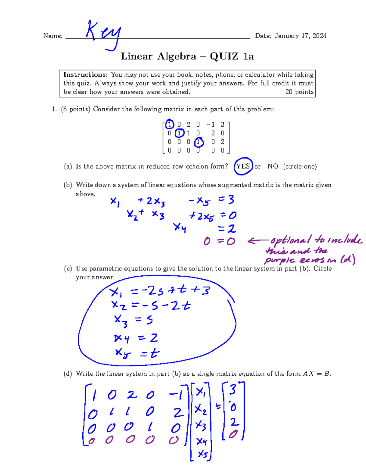 01Quiz1a 24WQ-sols 2 - quiz 1 a - Name: Date: January 17, 2024 Linear ...