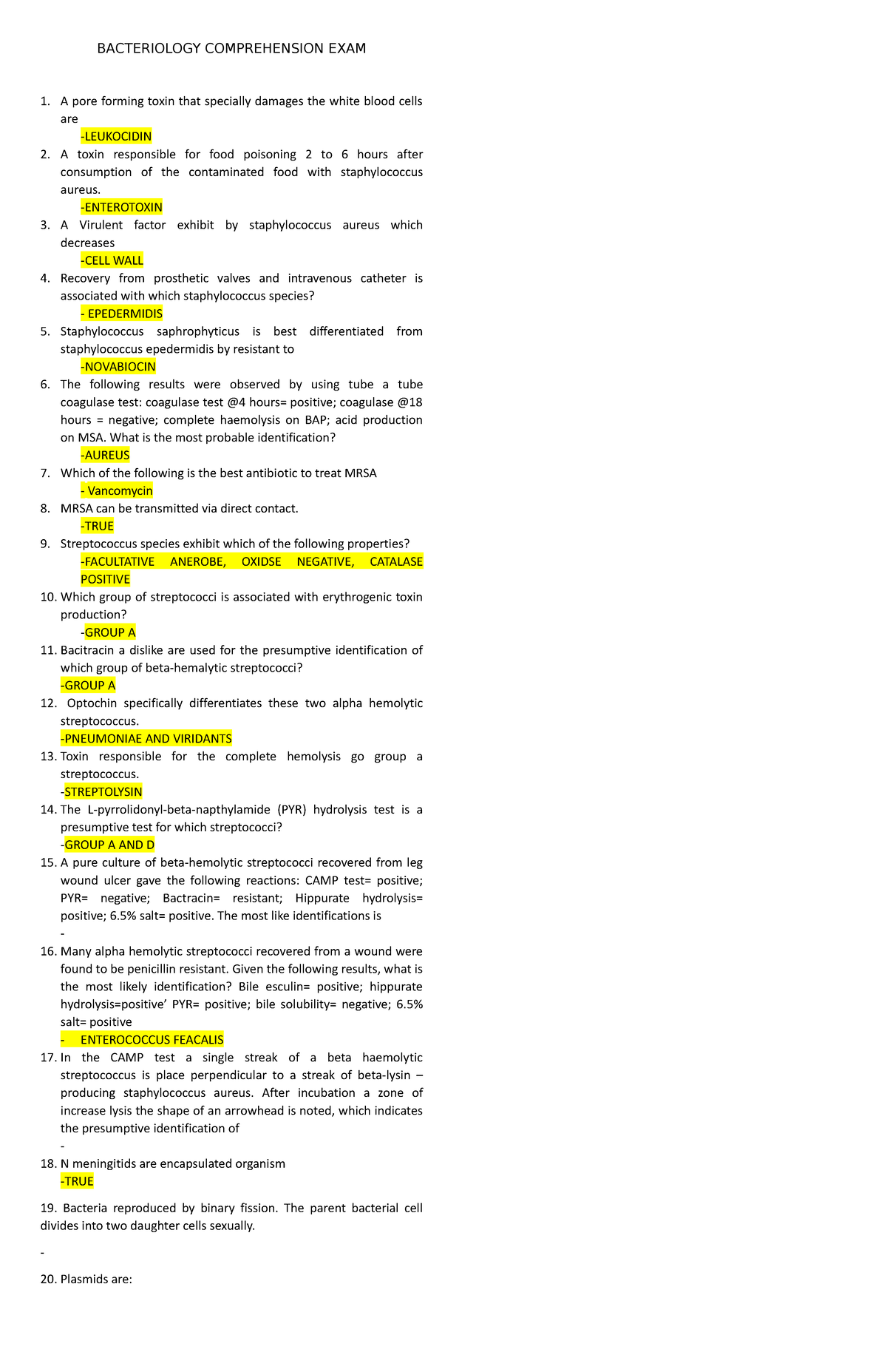 Bacteriology Comprehension EXAM - BACTERIOLOGY COMPREHENSION EXAM A ...