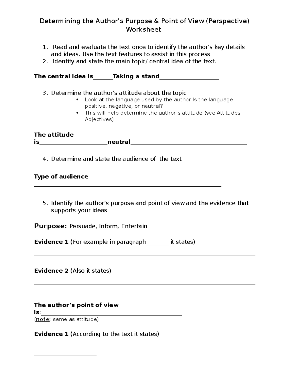 Purpose and Point of View Worksheet - Determining the Author’s Purpose ...