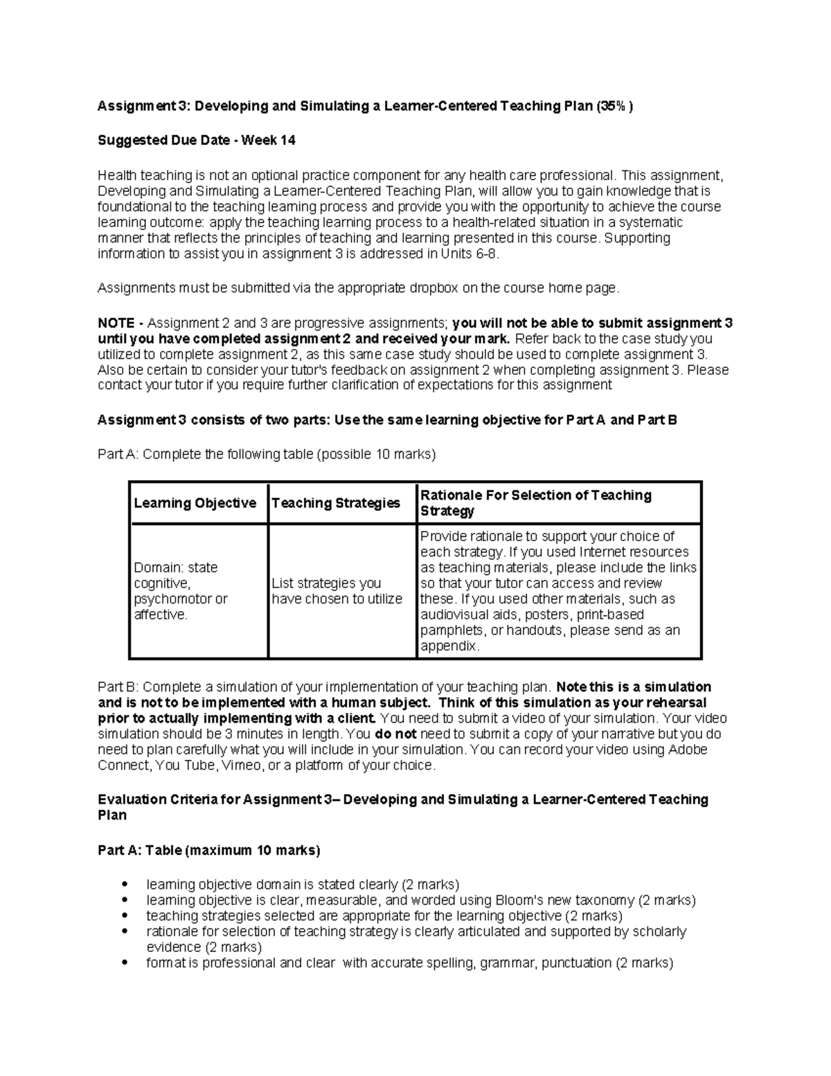 HLST320 Assignment 3 - Assignment 3: Developing and Simulating a Learner-Centered Teaching Plan ...