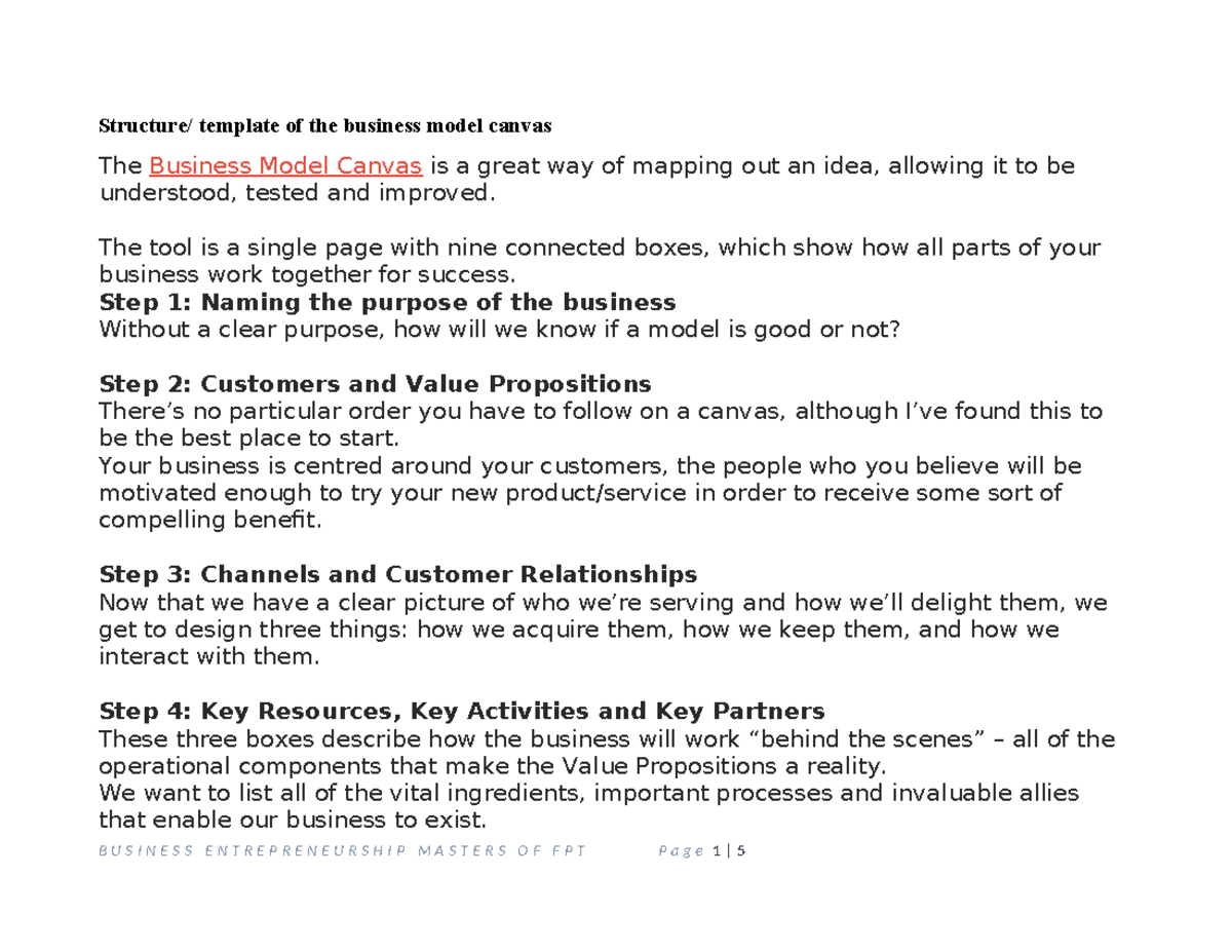 Structure of Business model canvass - Structure/ template of the ...