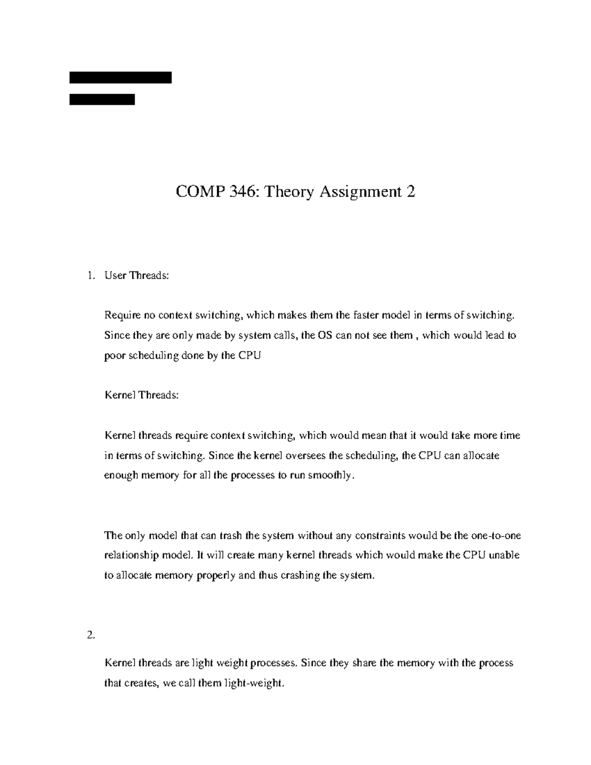 Theory A2 Solution - Comp346 S2024 - COMP 346: Theory Assignment 2 User Threads: Require no ...