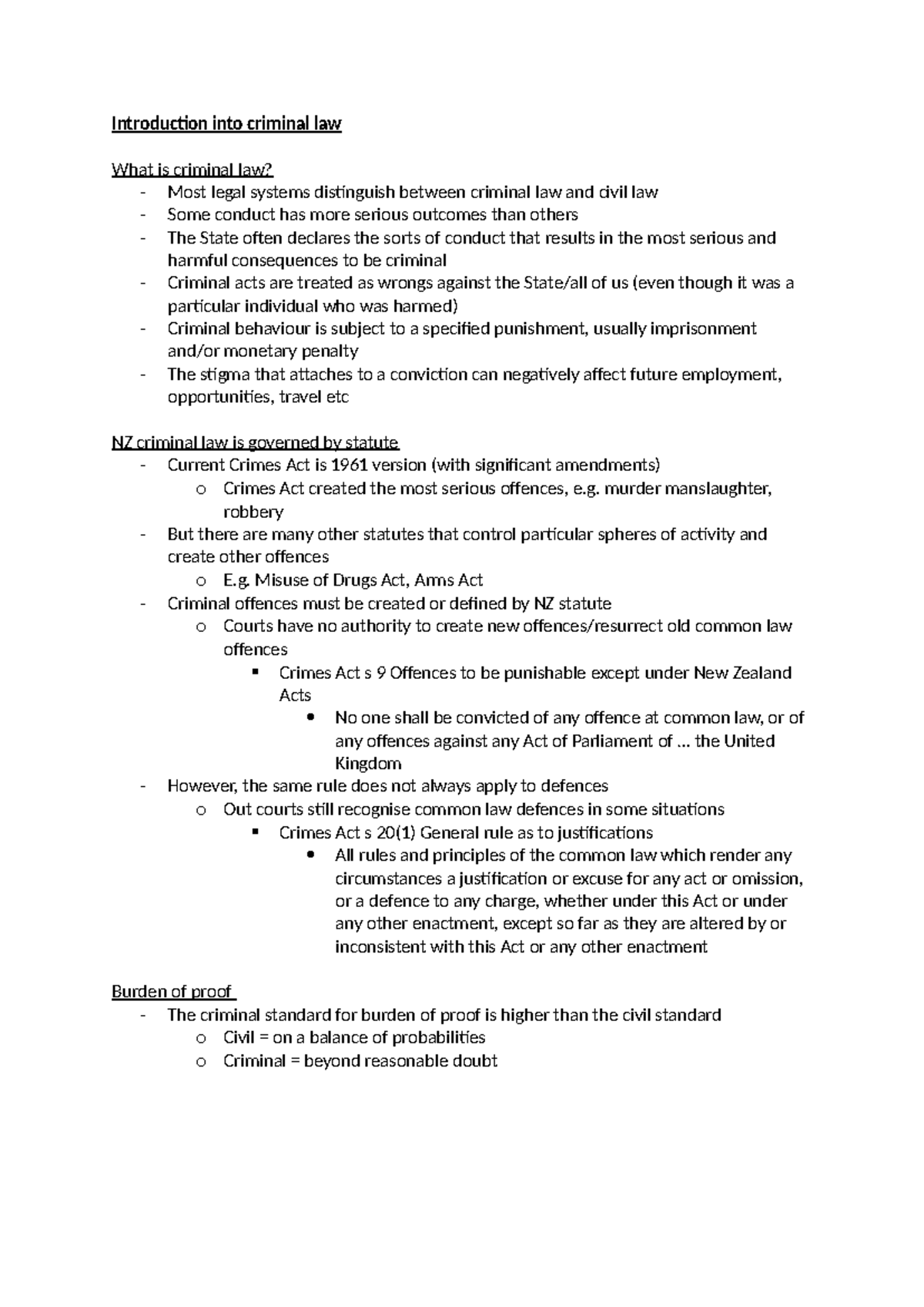 LAWS201 Summary 1 Elements of Offences - Introduction into criminal law ...