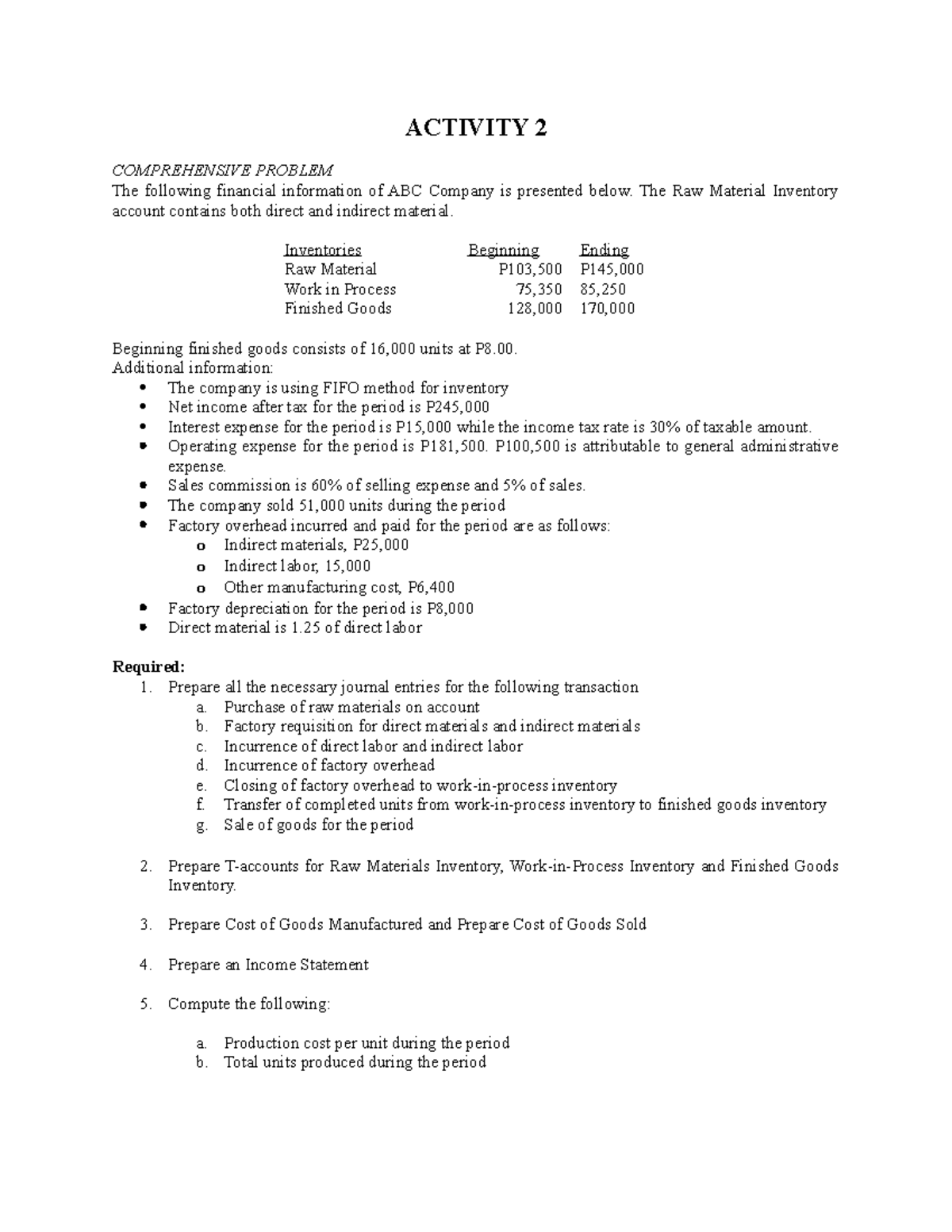 Activity 2 Cost Accounting - ACTIVITY 2 COMPREHENSIVE PROBLEM The ...