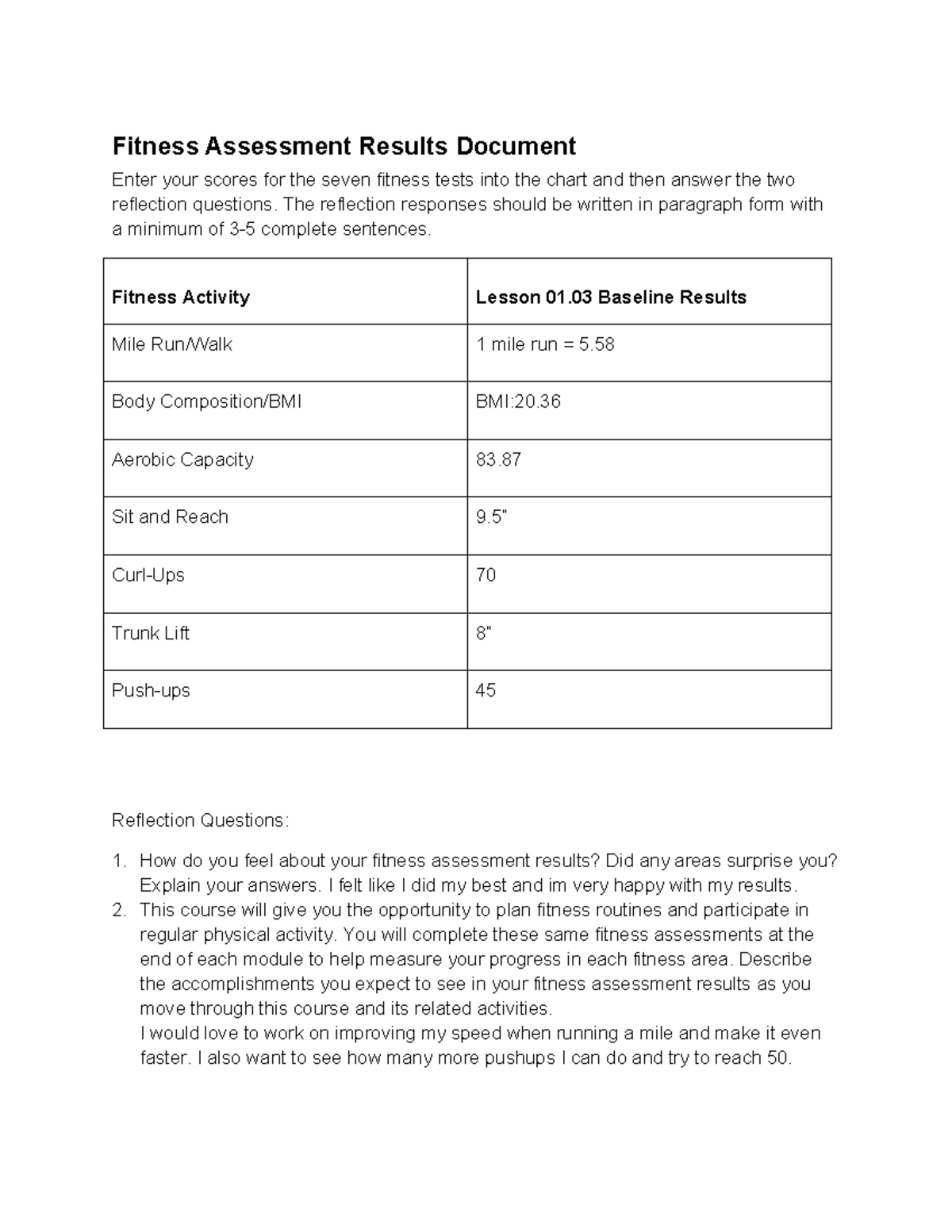 Workout - Fitness Assessment Results Document Enter your scores for the ...