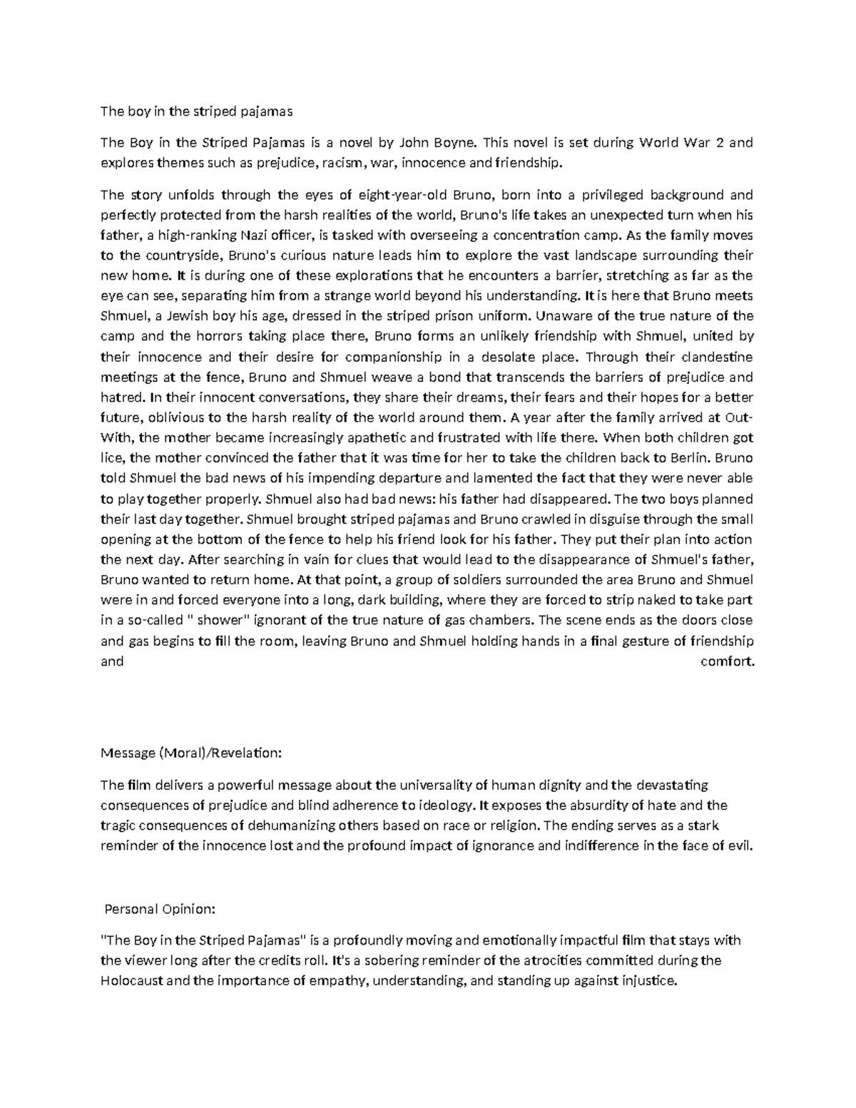 The boy in the striped pajamas - This novel is set during World War 2 ...