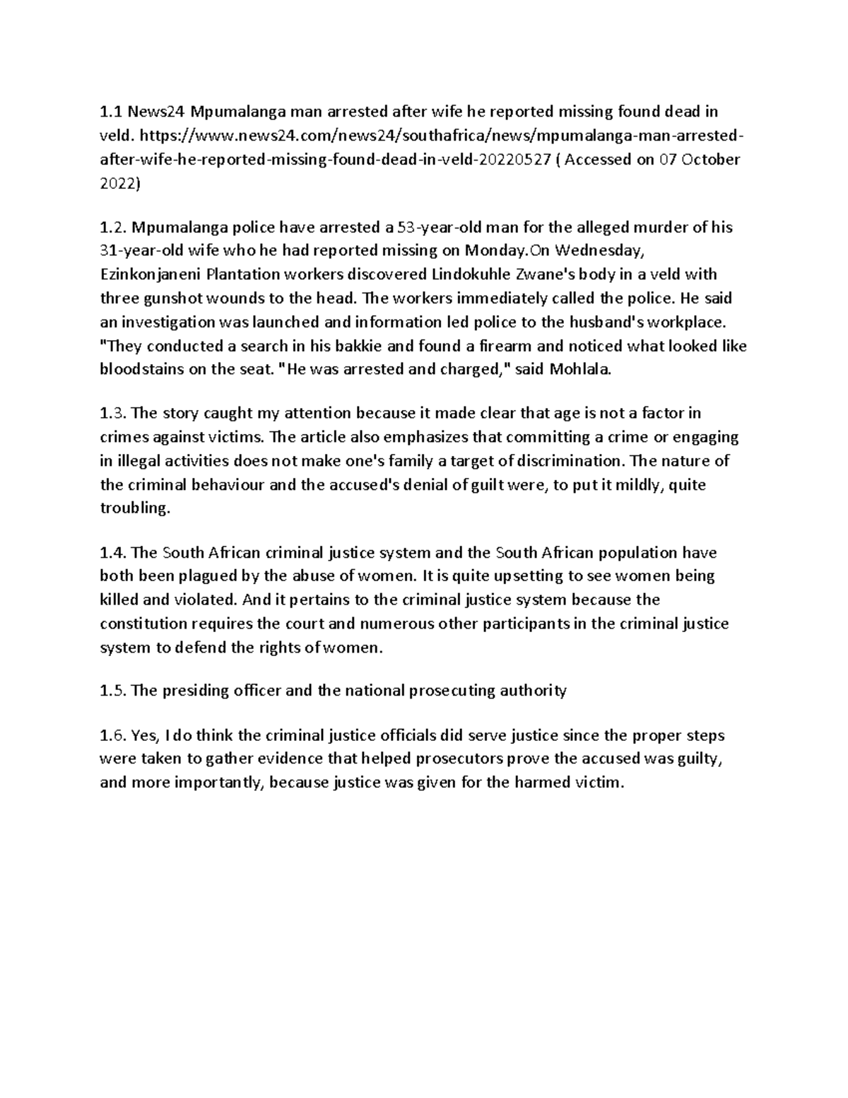 SJD1501 Assignment 5 - 1 News24 Mpumalanga man arrested after wife he ...