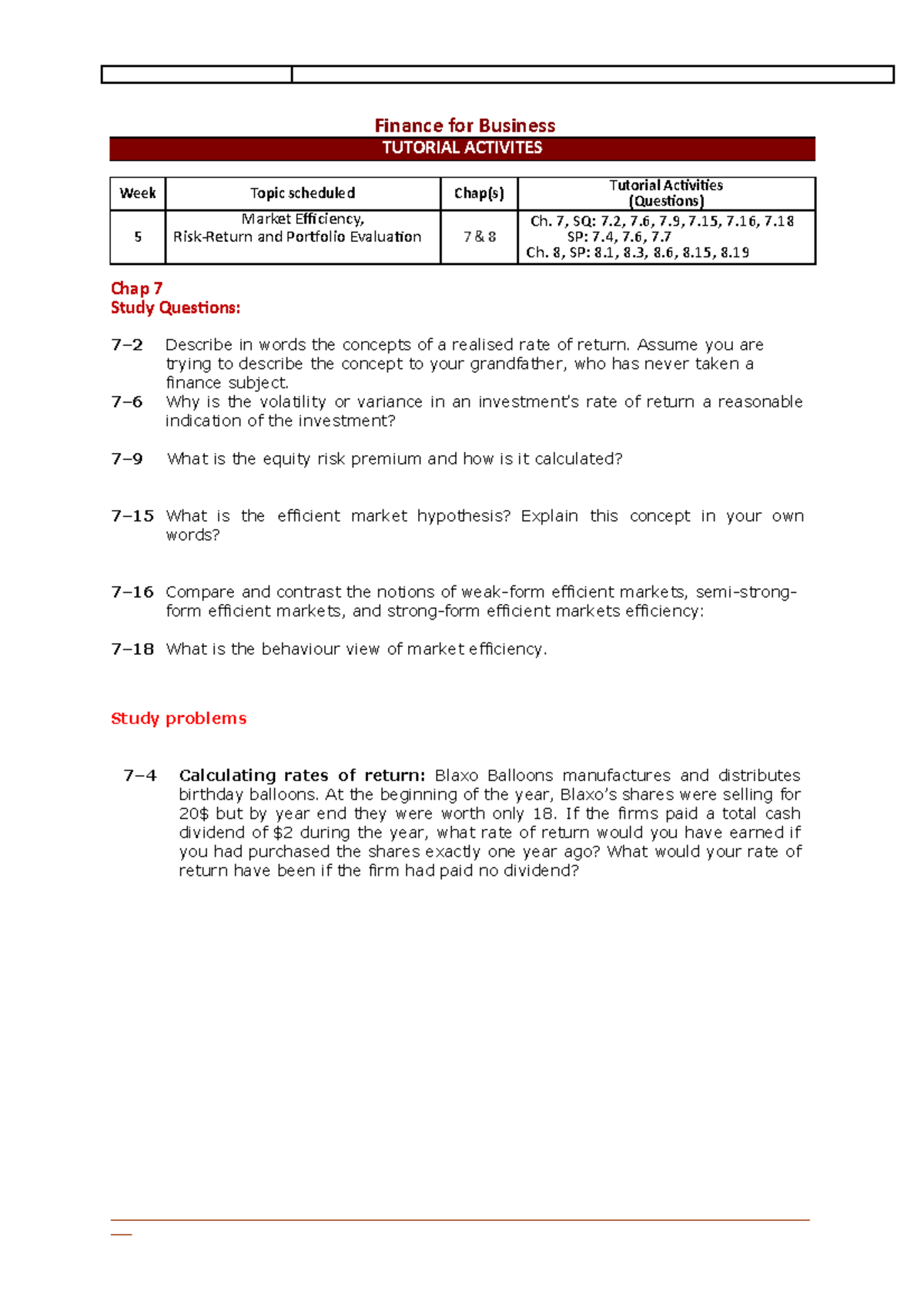 Tutorial 4-Questions - Lecture notes 4 - Finance for Business TUTORIAL ...
