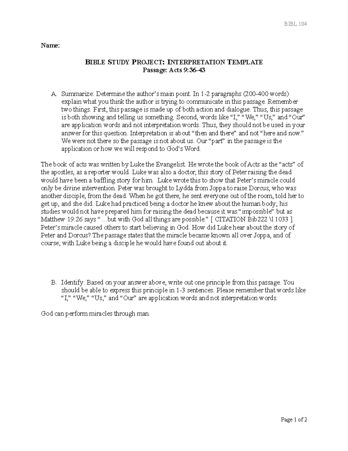 Bible Study Project Interpretation Template - BIBL 104 Name: BIBLE ...