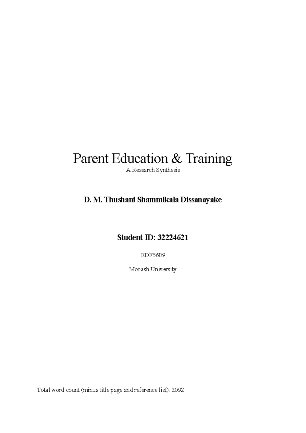EDF5689 AT2 Research Synthesis Template - Parent Education & Training A ...