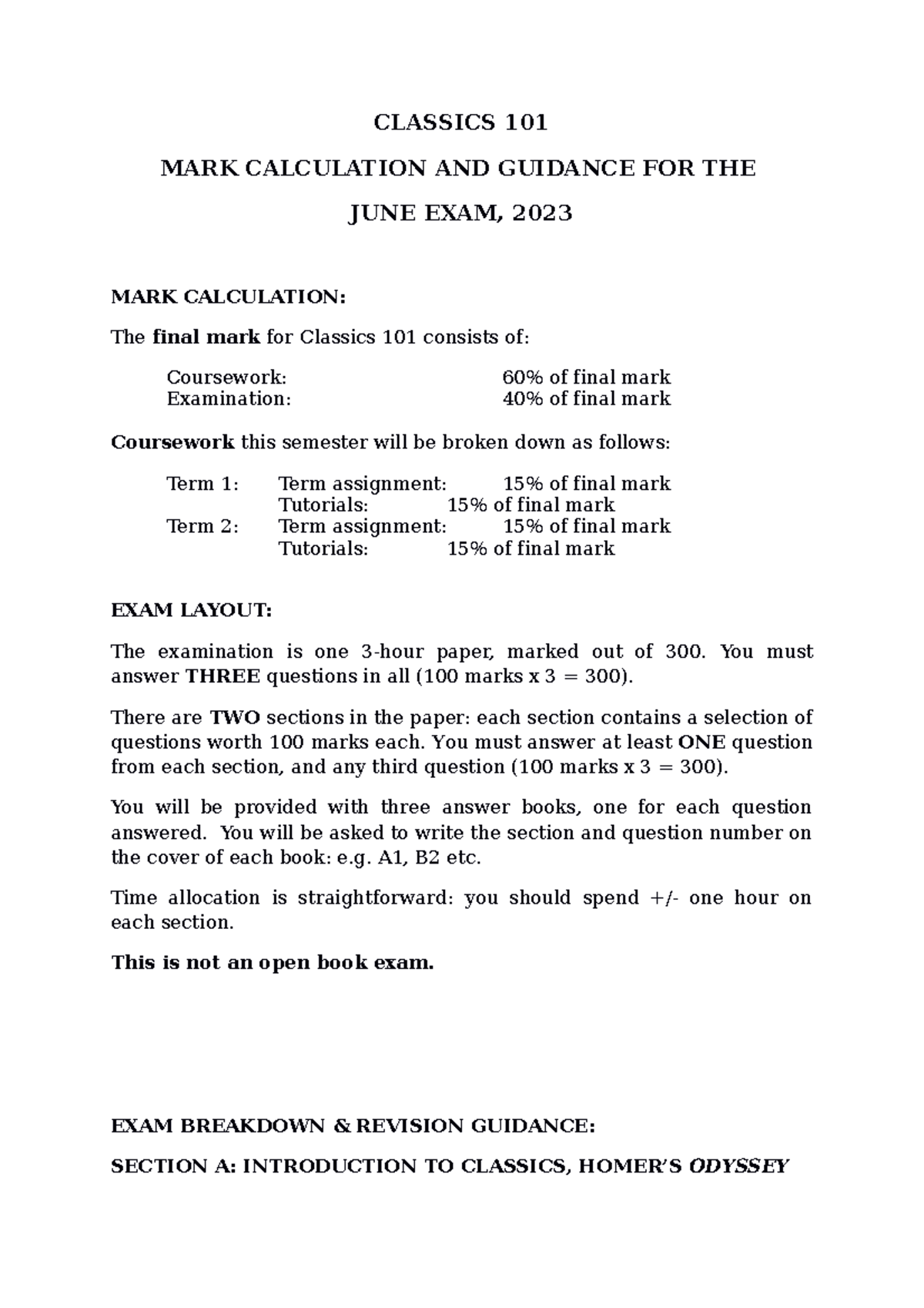 Classics 101 exam guidance June 2023 - CLASSICS 101 MARK CALCULATION ...