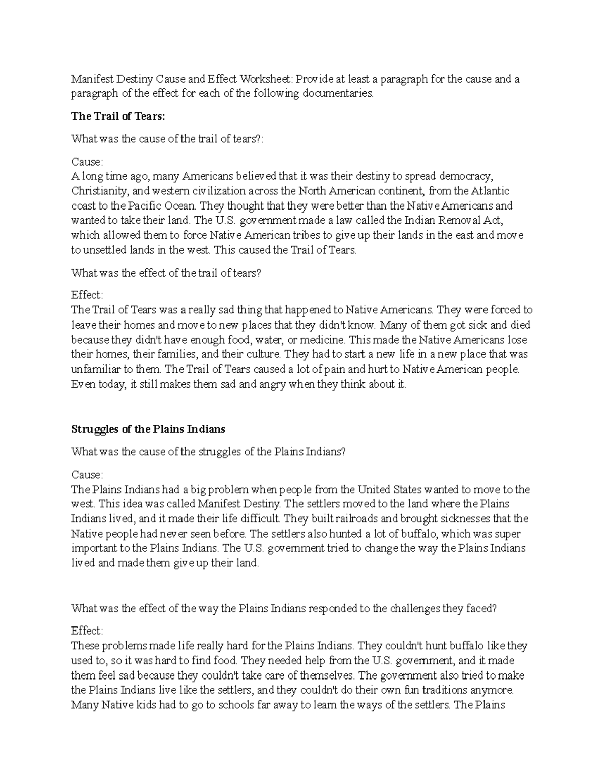 Manifest Destiny Cause and Effect Worksheet - The Trail of Tears: What ...