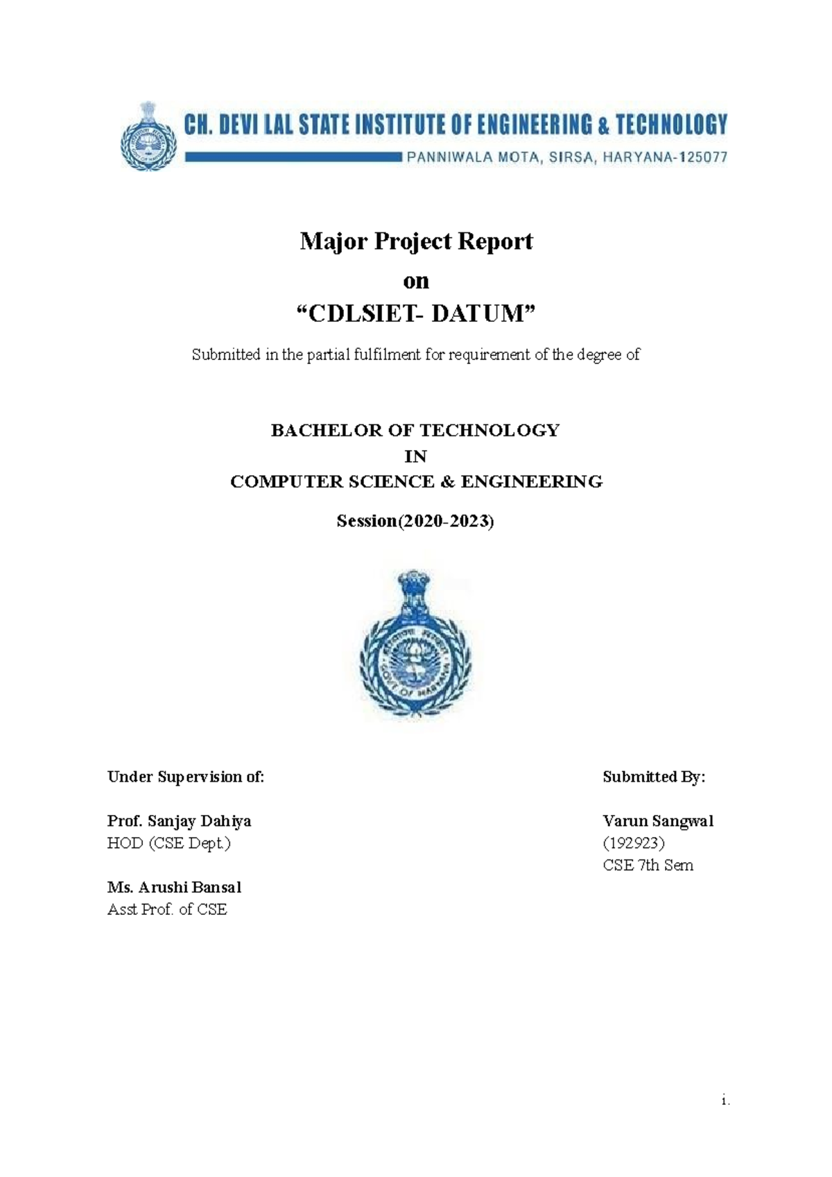 major project c - i. Major Project Report on “CDLSIET- DATUM” Submitted in the partial ...