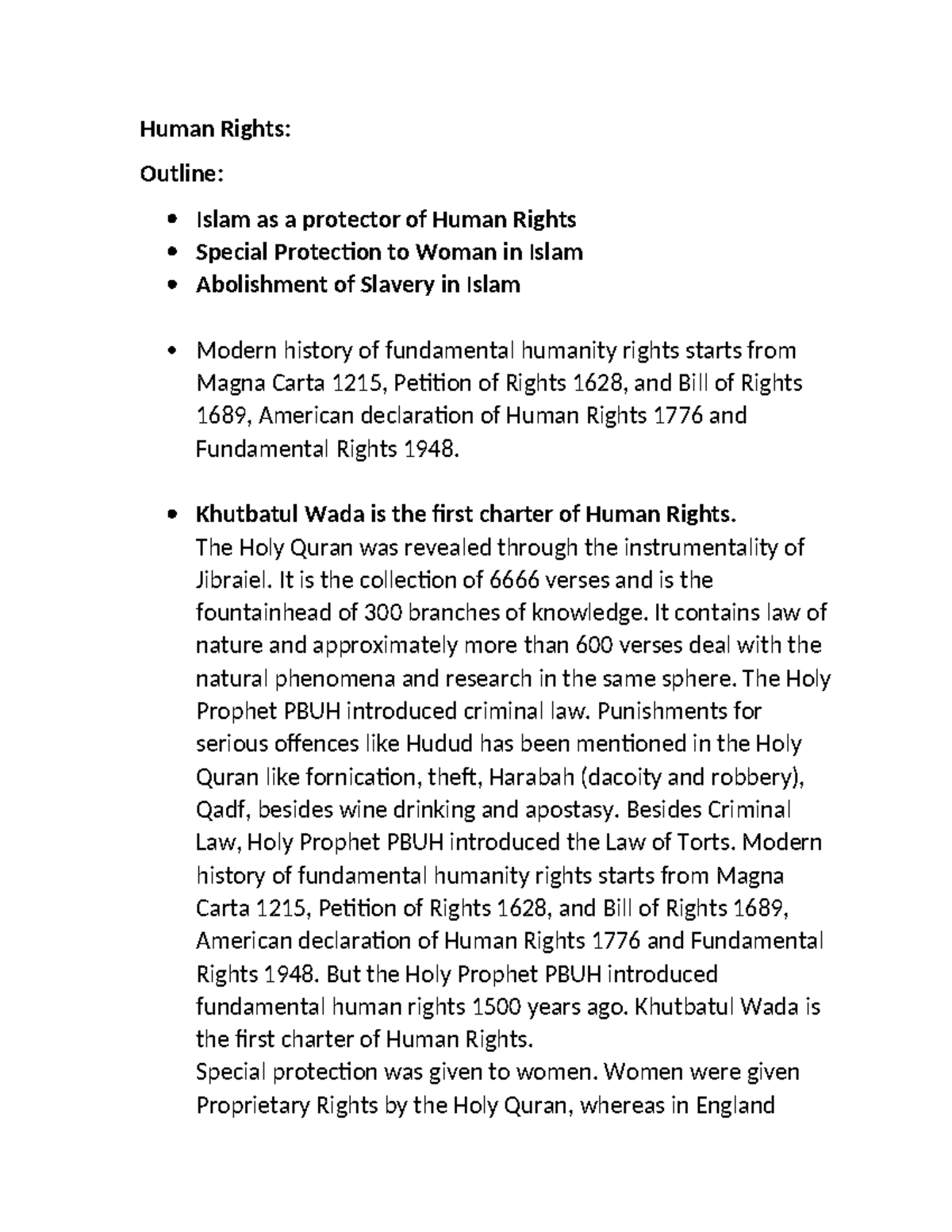 Human Rights- Rights - Human Rights: Outline: Islam as a protector of ...