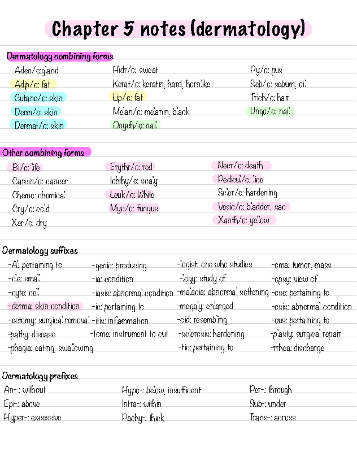 Medical Terminology 2 - Ch5 class notes - Dermatology combining forms ...