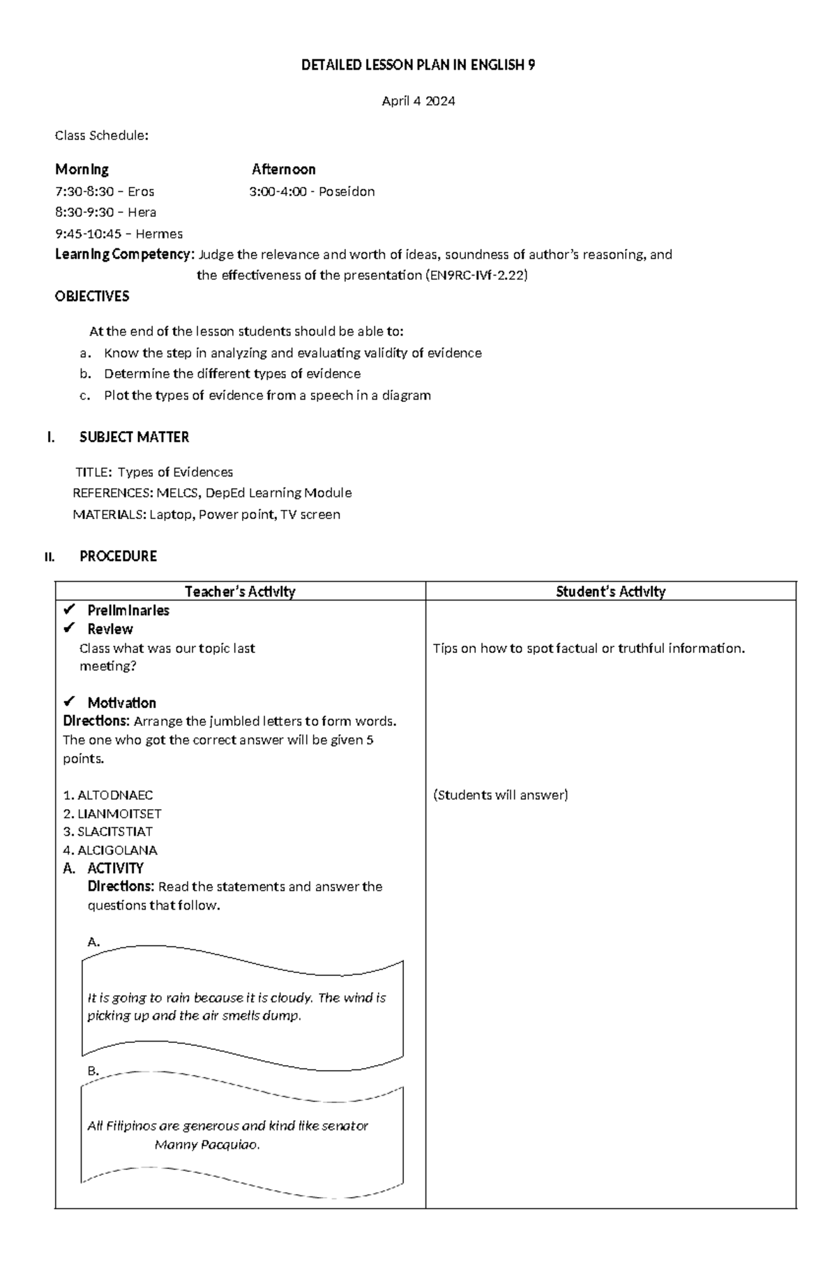 Quarter 4 DLP 2 IN English 9 - DETAILED LESSON PLAN IN ENGLISH 9 April ...