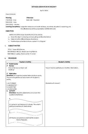 Quarter 4 DLP 3 IN English 9 - DETAILED LESSON PLAN IN ENGLISH 9 ...