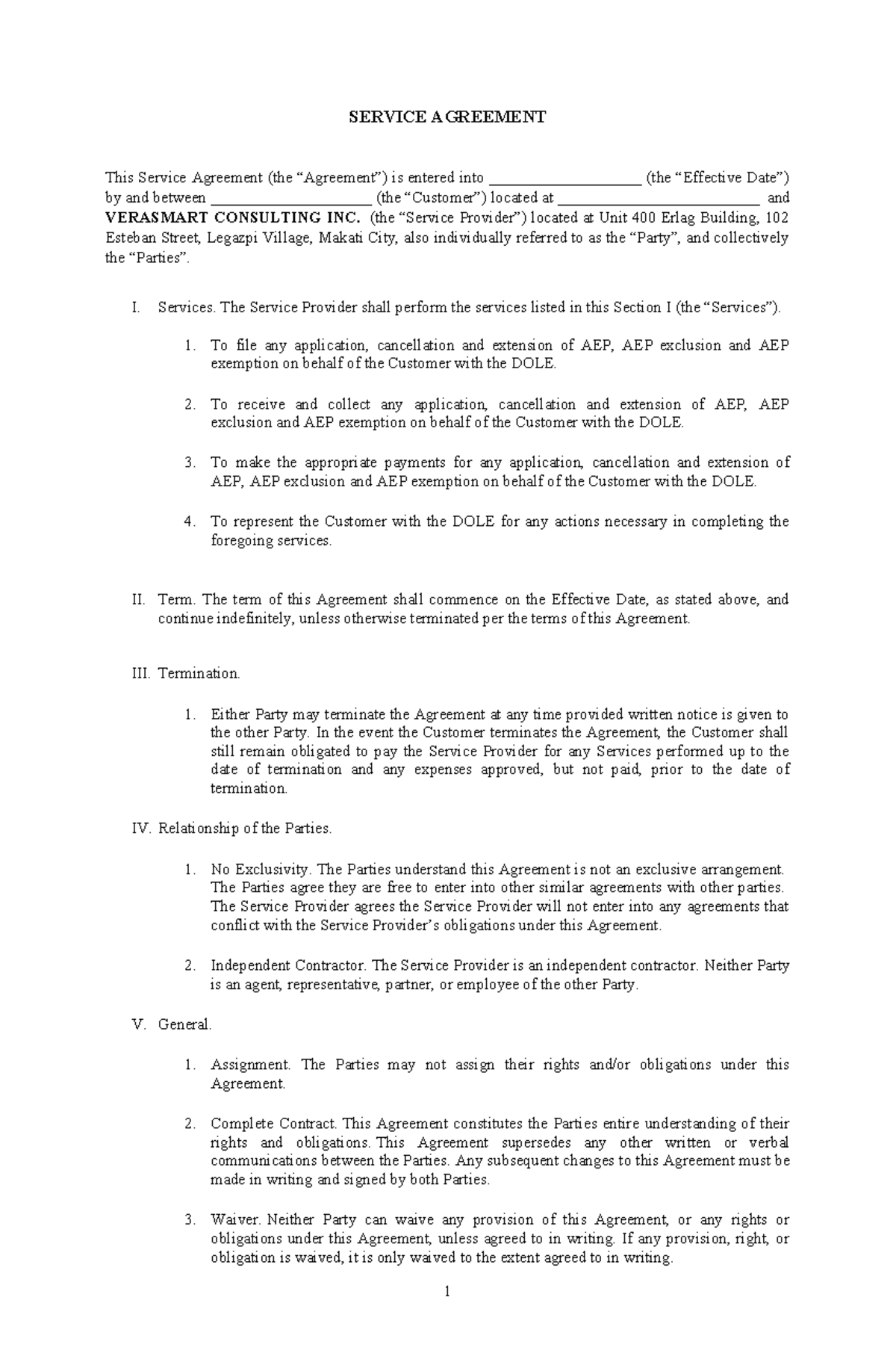 Alien Employment Permit Processing Service Agreement - SERVICE ...