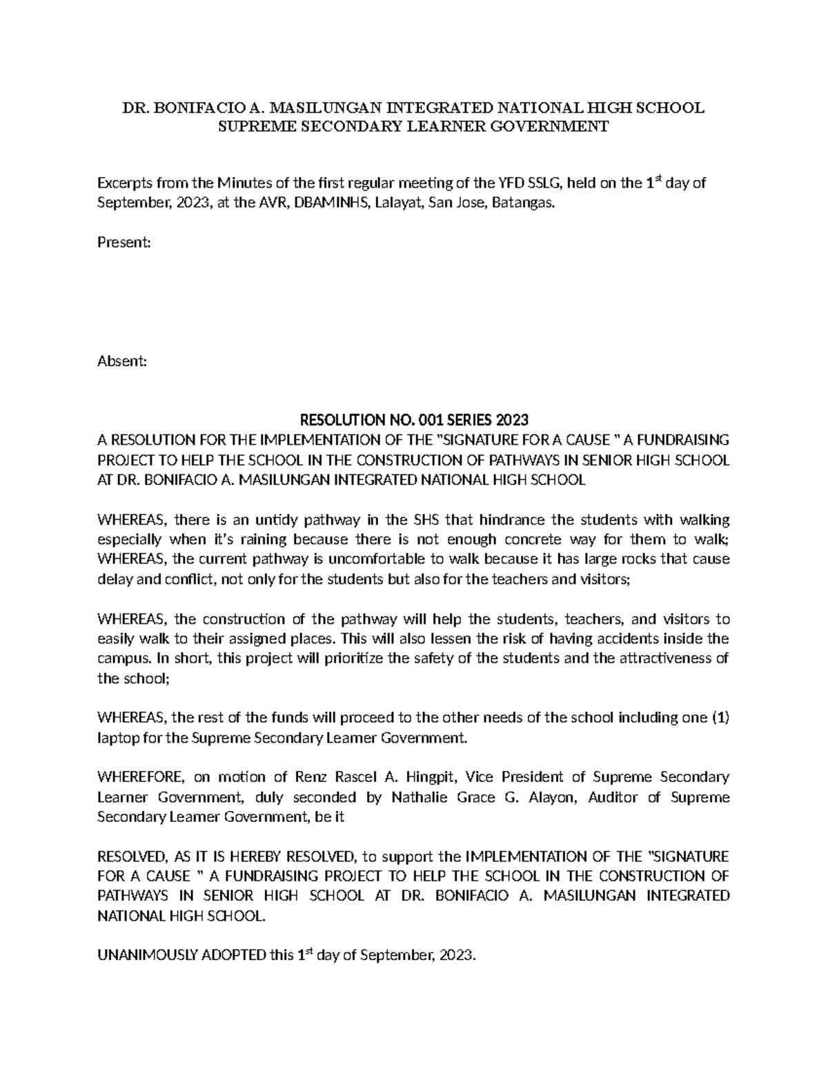 Resolution of the SSLG - DR. BONIFACIO A. MASILUNGAN INTEGRATED ...