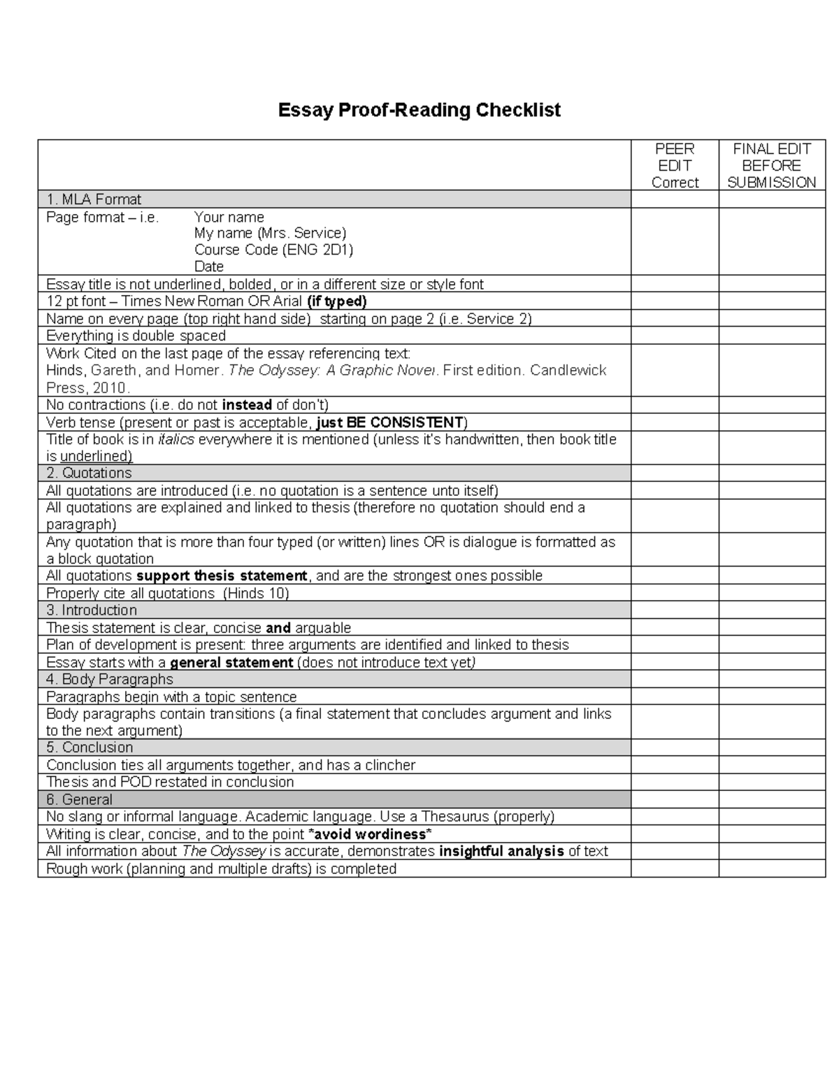2D Essay Checklist - Essay Proof-Reading Checklist PEER EDIT Correct ...