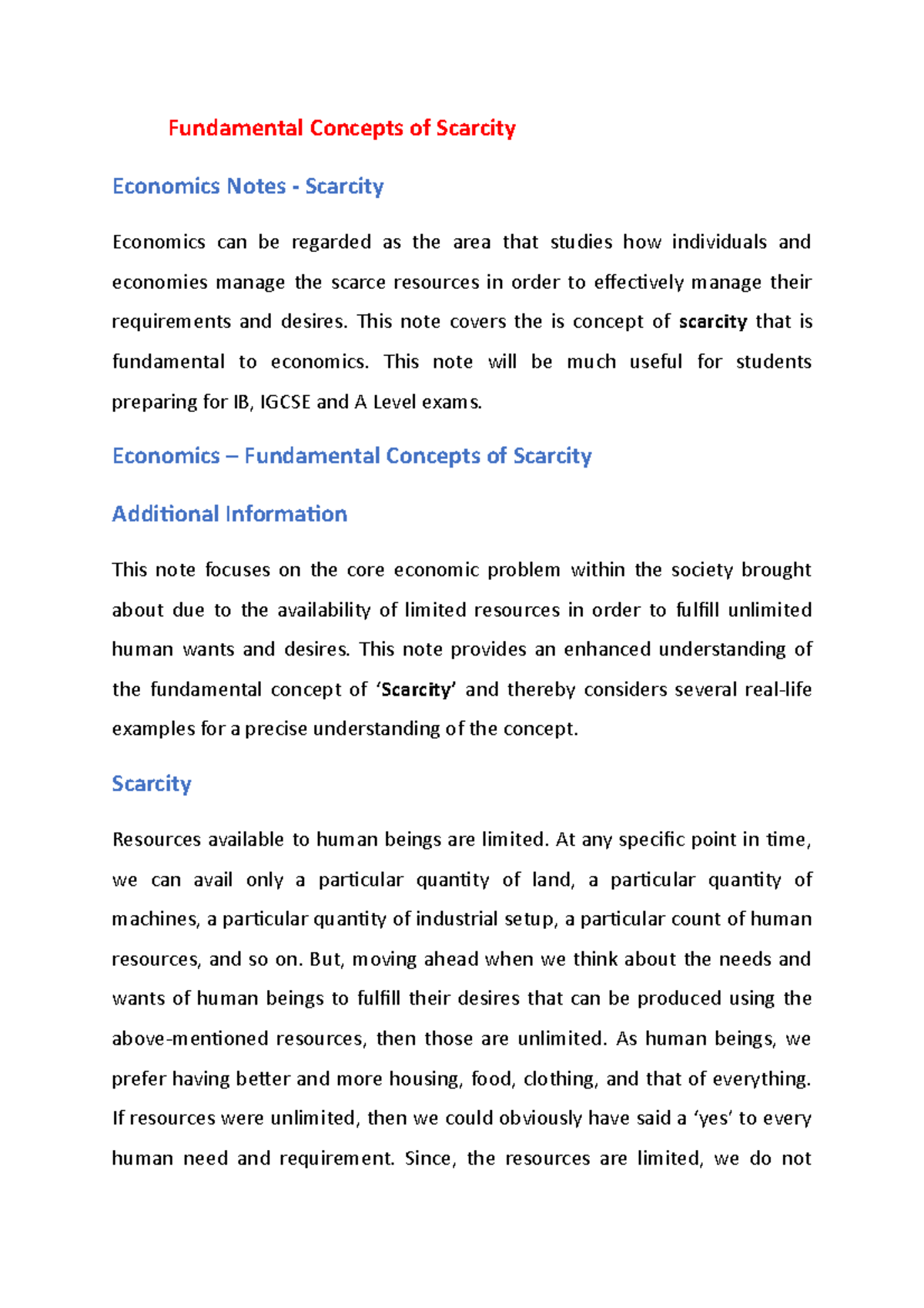 Scarcity - Fundamental Concepts of Scarcity Economics Notes - Scarcity ...