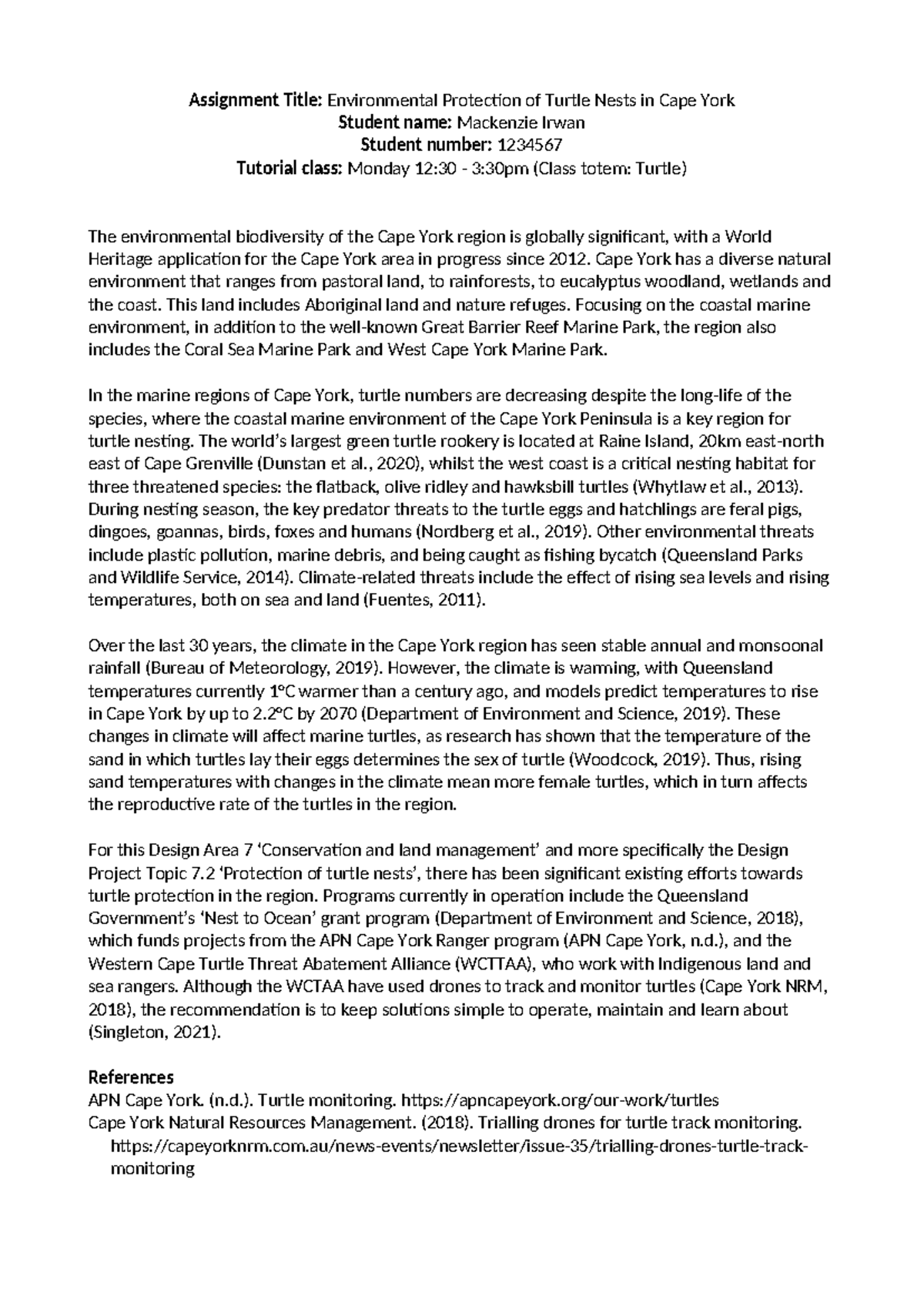 Assessment Task 3 - Computing Turtles - Assignment Title: Environmental ...