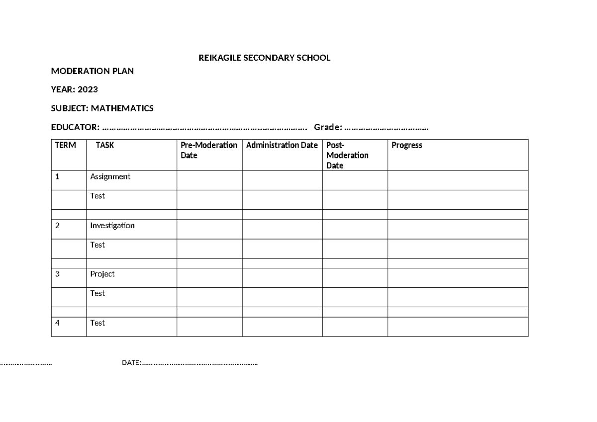GR 9 Moderation PLAN - note - REIKAGILE SECONDARY SCHOOL MODERATION ...