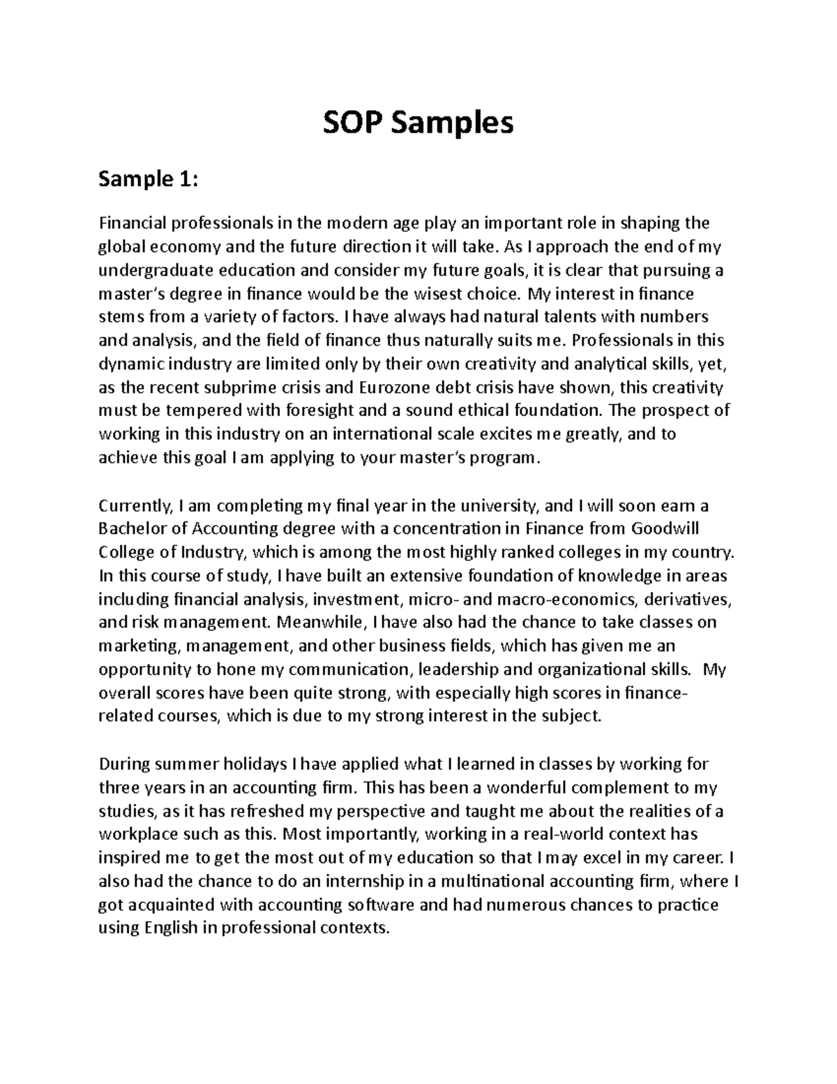 SOP Samples - SOP Samples Sample 1: Financial professionals in the ...