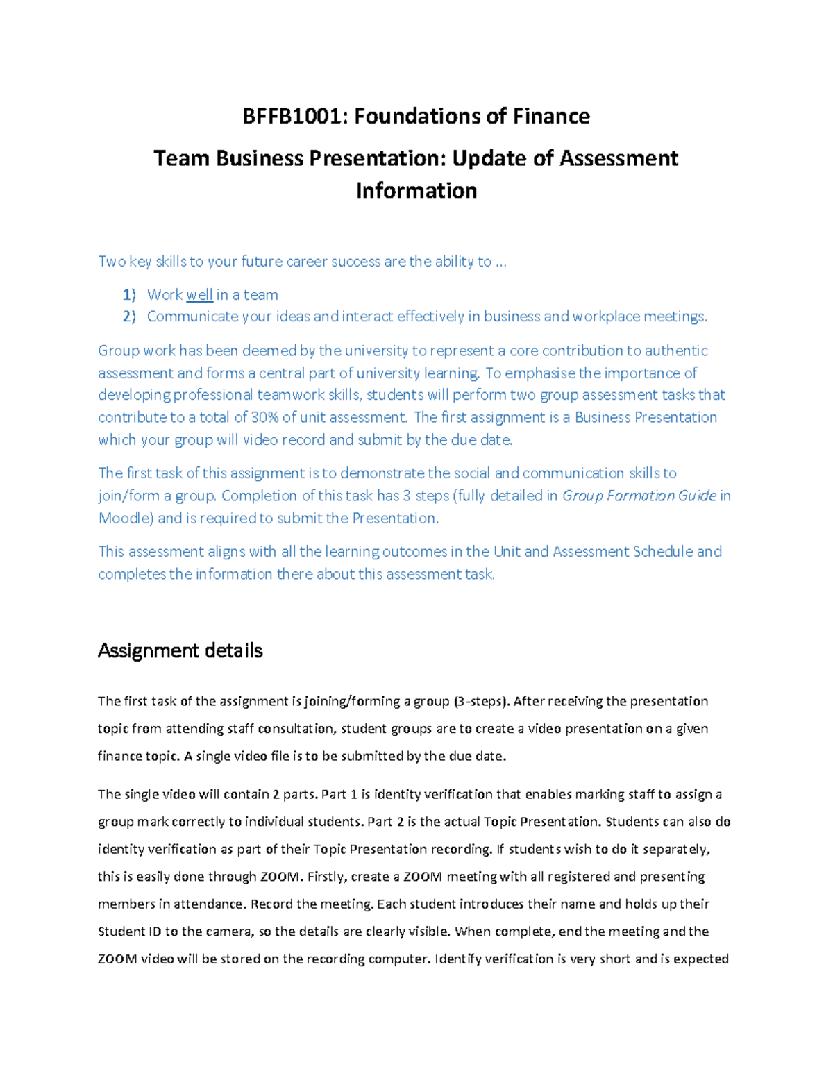 TBP Information and Marking Rubric - BFFB1001: Foundations of Finance ...