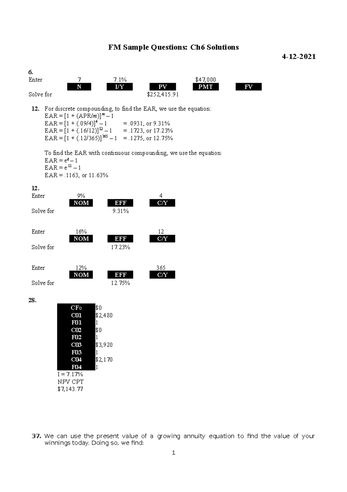 FM1 Sample solution ch6 21s - FM Sample Questions: Ch6 Solutions 4-12- 6. Enter 7 7% $47, N I/Y ...