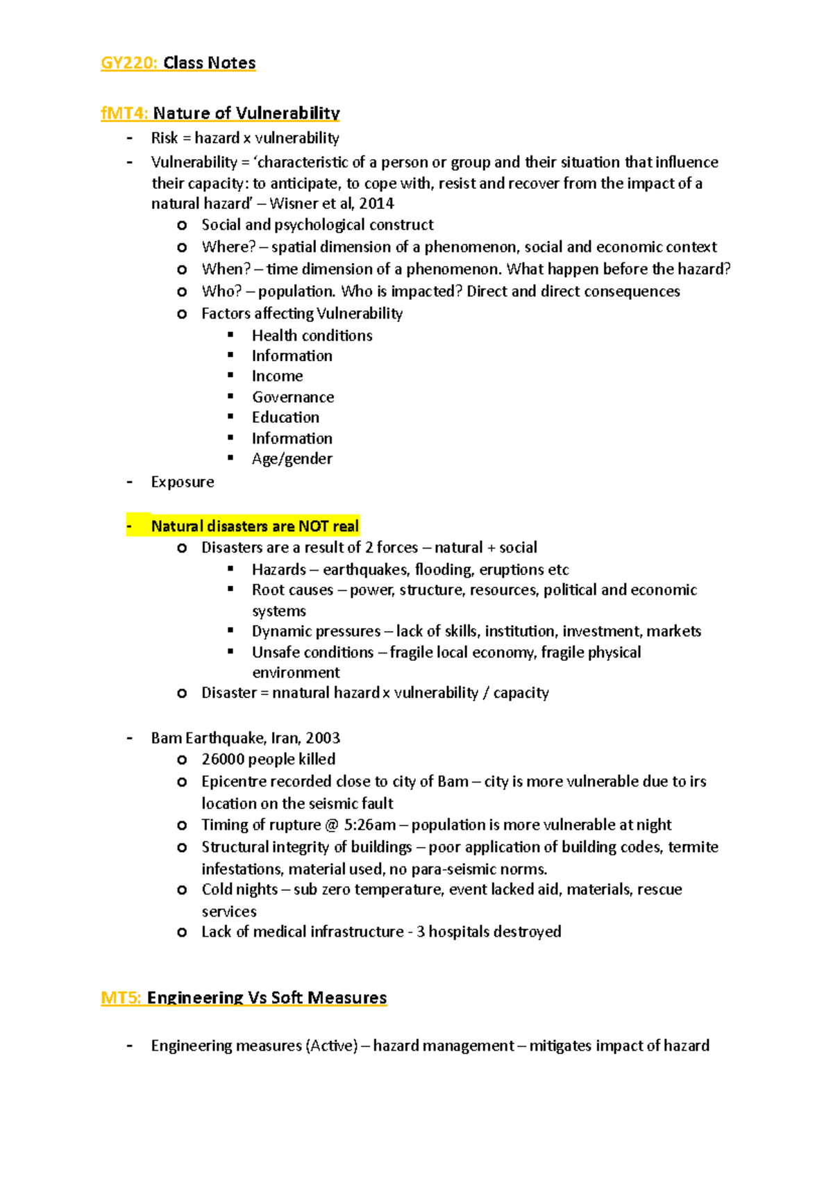 GY220 Class Notes - fMT4: Nature of Vulnerability - Risk = hazard x ...