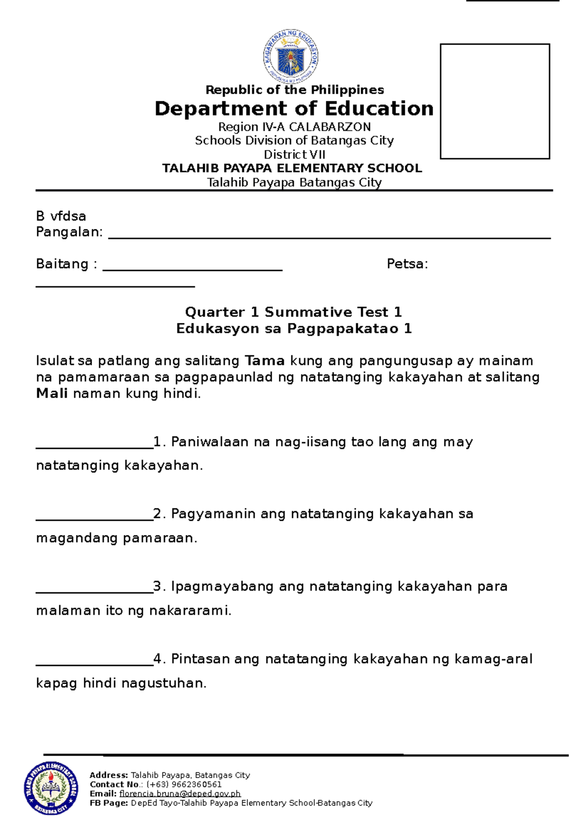 ESP - exam - Republic of the Philippines Department of Education Region ...