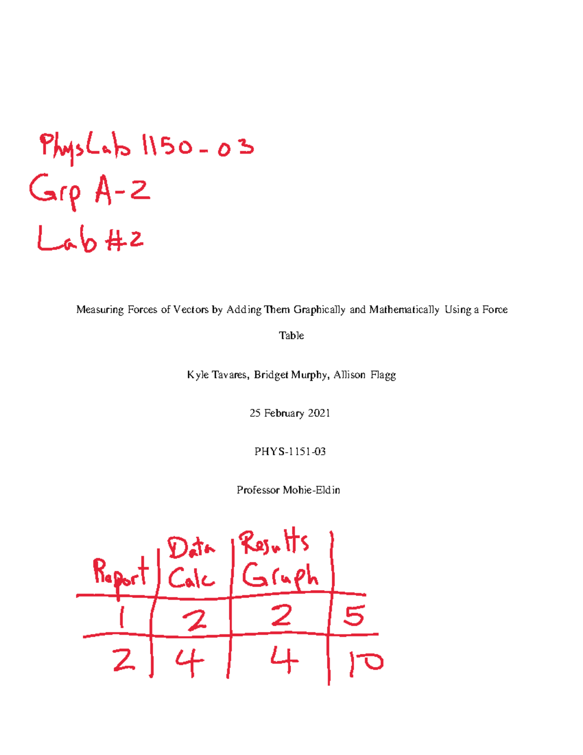 Graded Physlab-1150 Lab 2 - Measuring Forces of Vectors by Adding Them Graphically and - Studocu