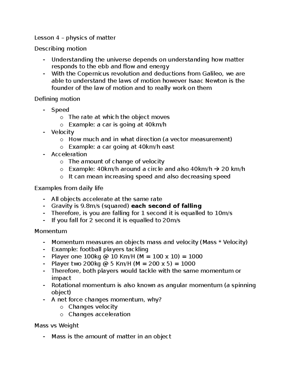 Lesson 4 - Lecture notes 4 - Lesson 4 – physics of matter Describing ...