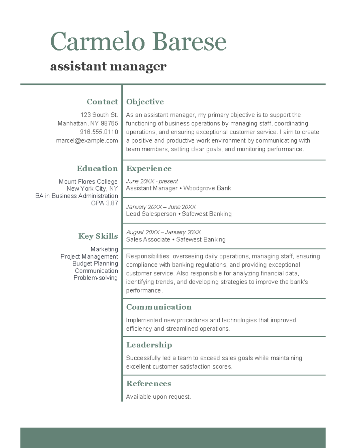 Word document - Carmelo Barese assistant manager Contact 123 South St ...