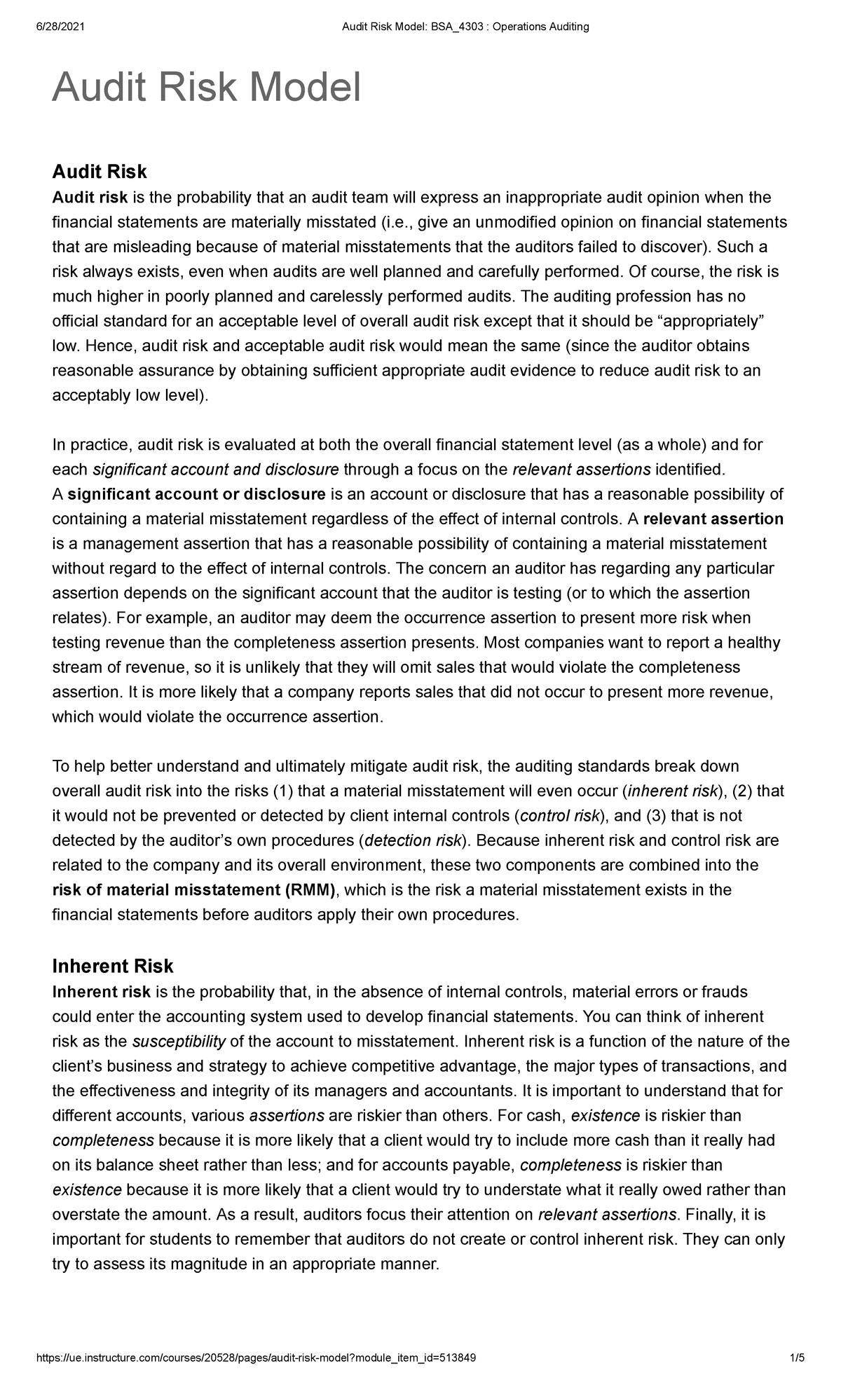 Audit Risk Model - Lecture notes 1 - Audit Risk Model Audit Risk Audit ...