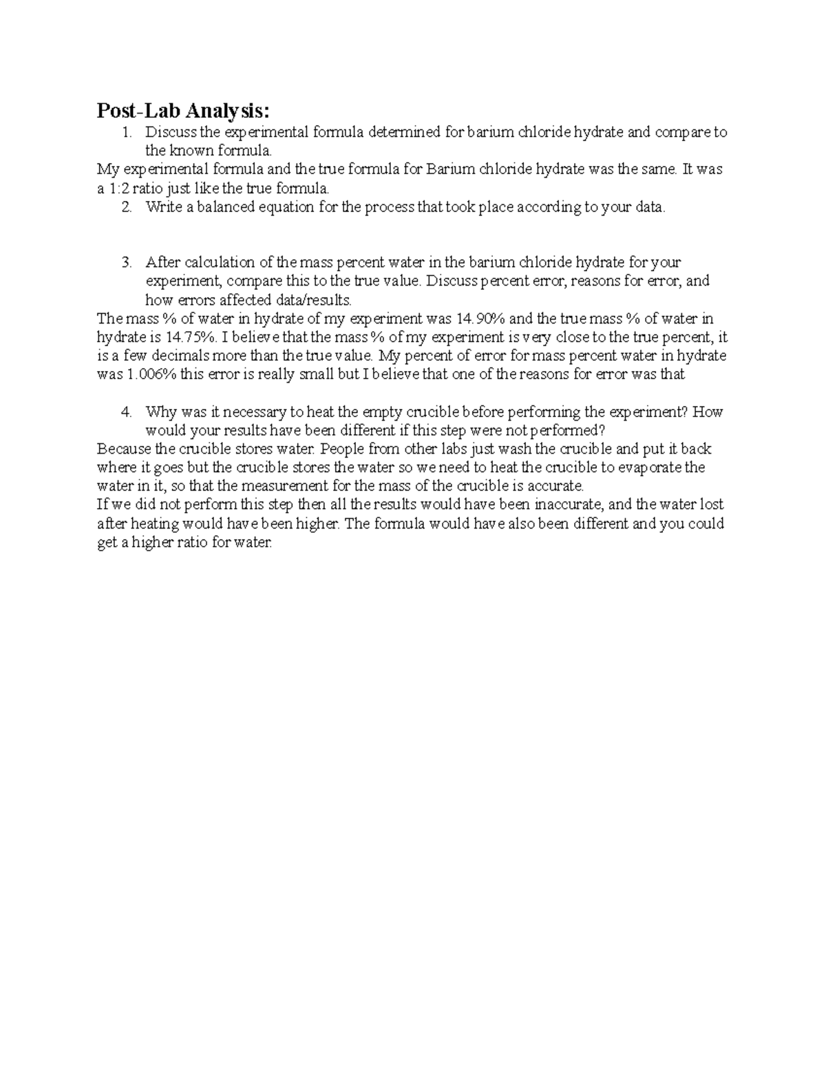 Chem 1. Chapter 3 Post Lab - Post-Lab Analysis: Discuss the ...