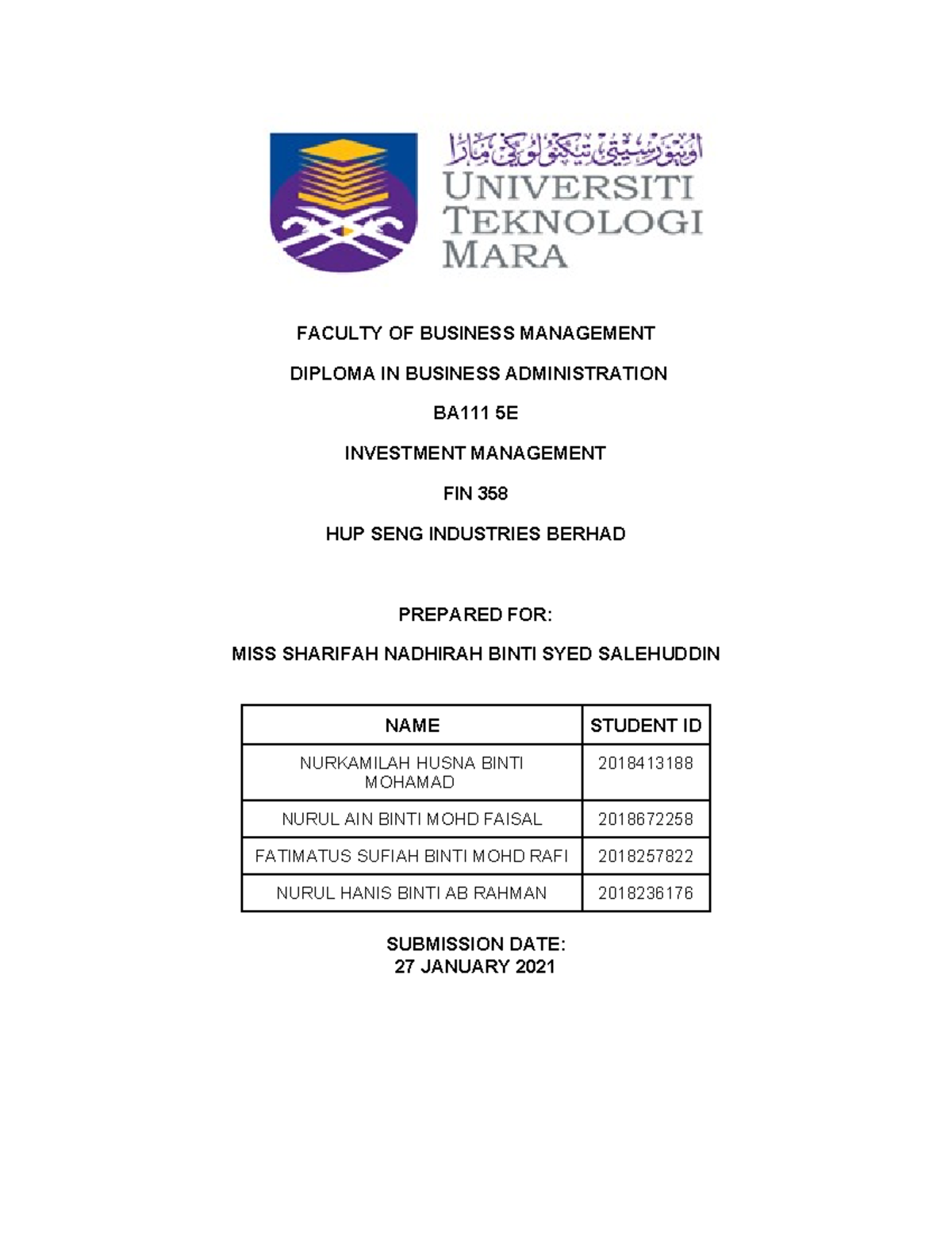 GROUP ASSIGNMENT FIN358 - FACULTY OF BUSINESS MANAGEMENT DIPLOMA IN ...