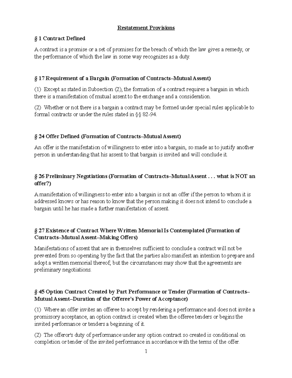 Contracts I midterm exam attachment supplement - Restatement Provisions § 1 Contract Defined A ...