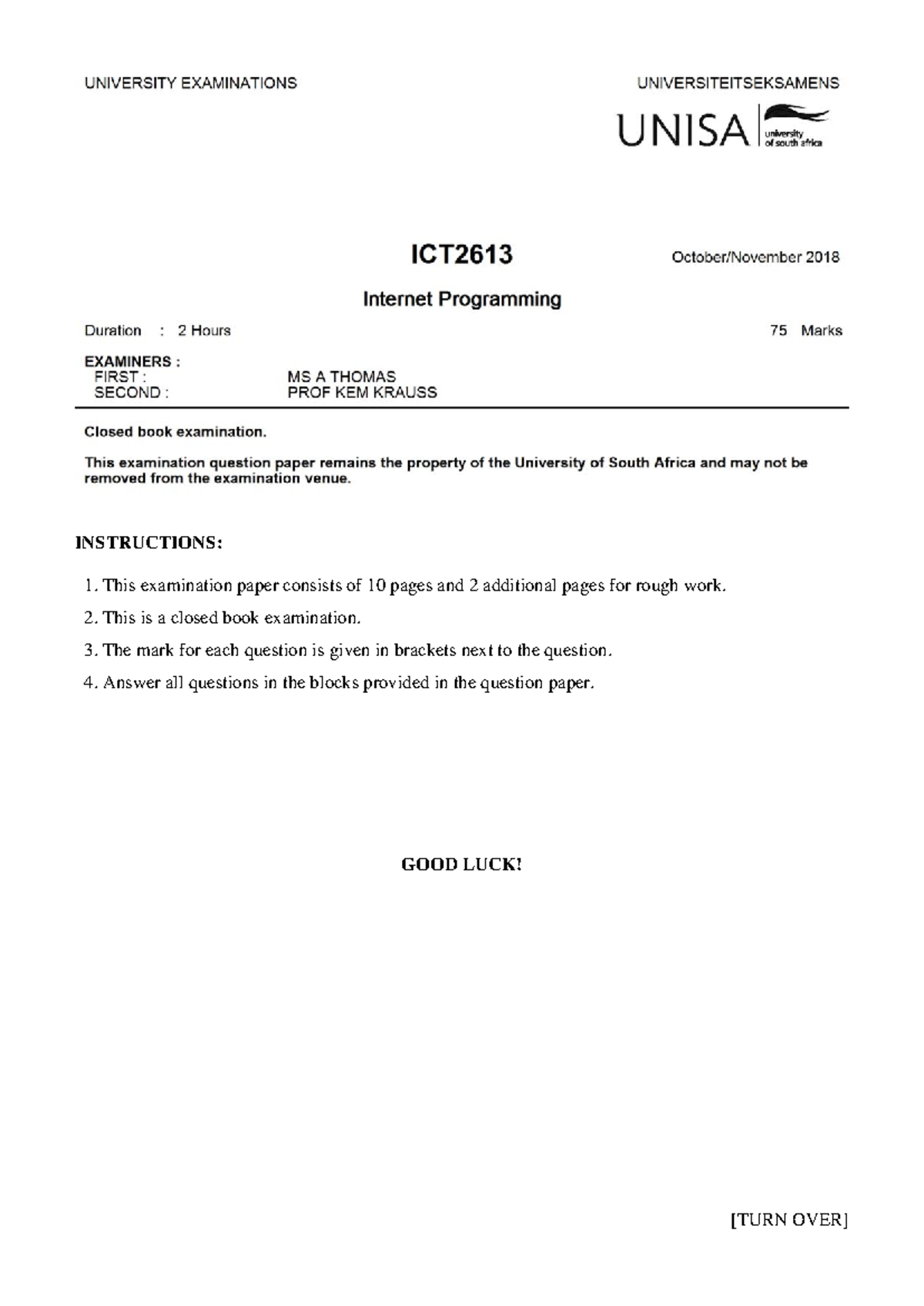 ICT2613ON2018 - Question paper - INSTRUCTIONS: This examination paper ...